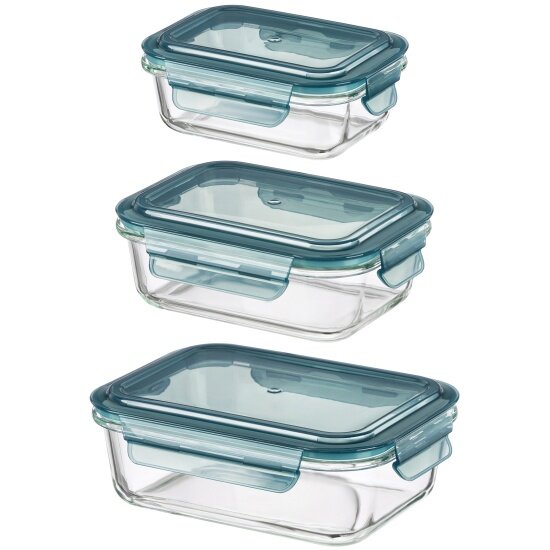 Набор контейнеров Elan Gallery 3 шт, прямоугольные, 370 мл, 640 мл, 1040 мл, с крышкой, с защелками, стекло/пластик (240532)