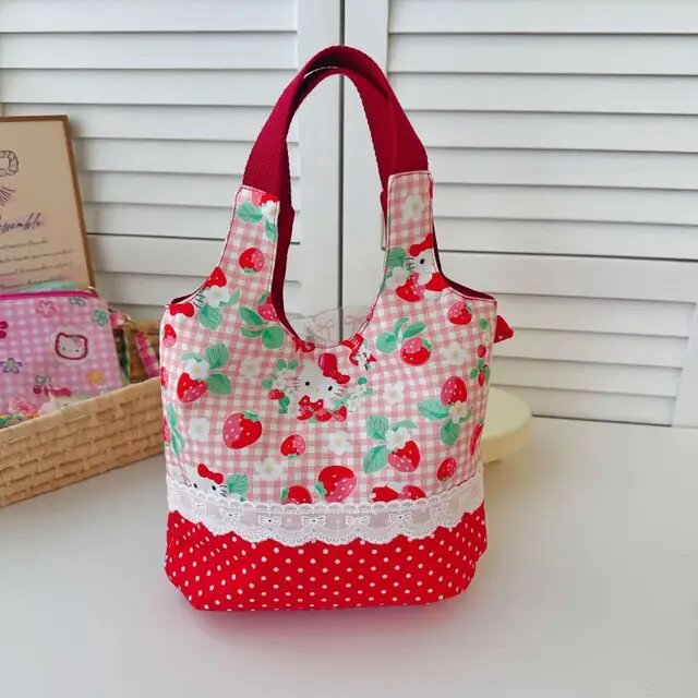 Сумка Kawaii KT Cat, милая мультяшная сумка через плечо, большая вместительная холщовая сумка для покупок, милый подарок для женщин и девочек,