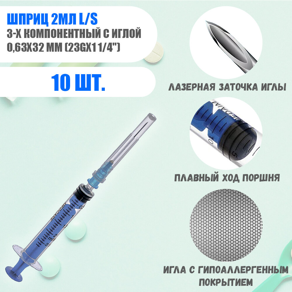 Шприц 2мл инъекционный 3-х компонентный с иглой 0,63х32 мм (23Gх1 1/4") luer slip 10шт