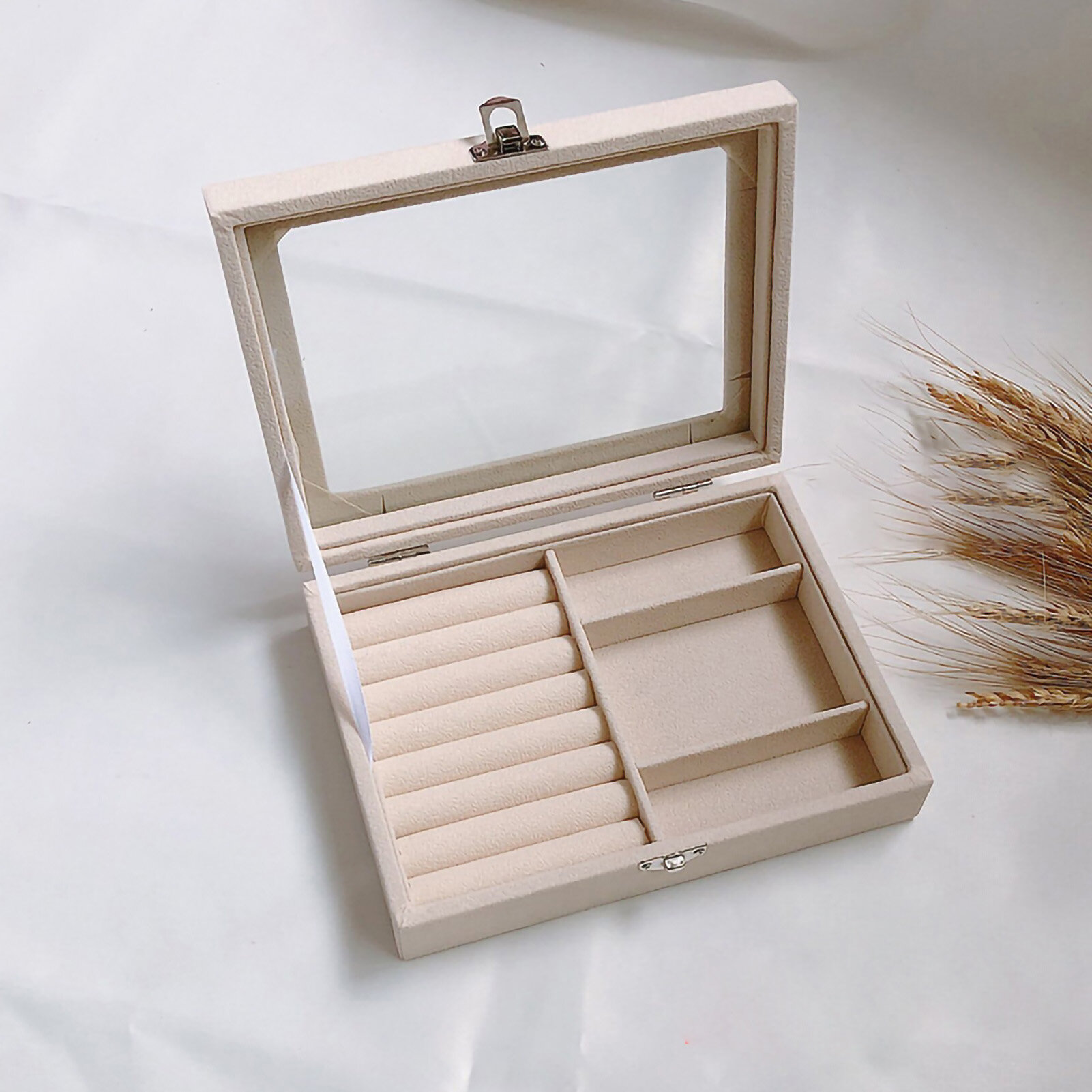 Flannel Jewelry Box Storage Case with Safety Lock for Necklace Earrings Bracelets Rings Beige 3 Grids