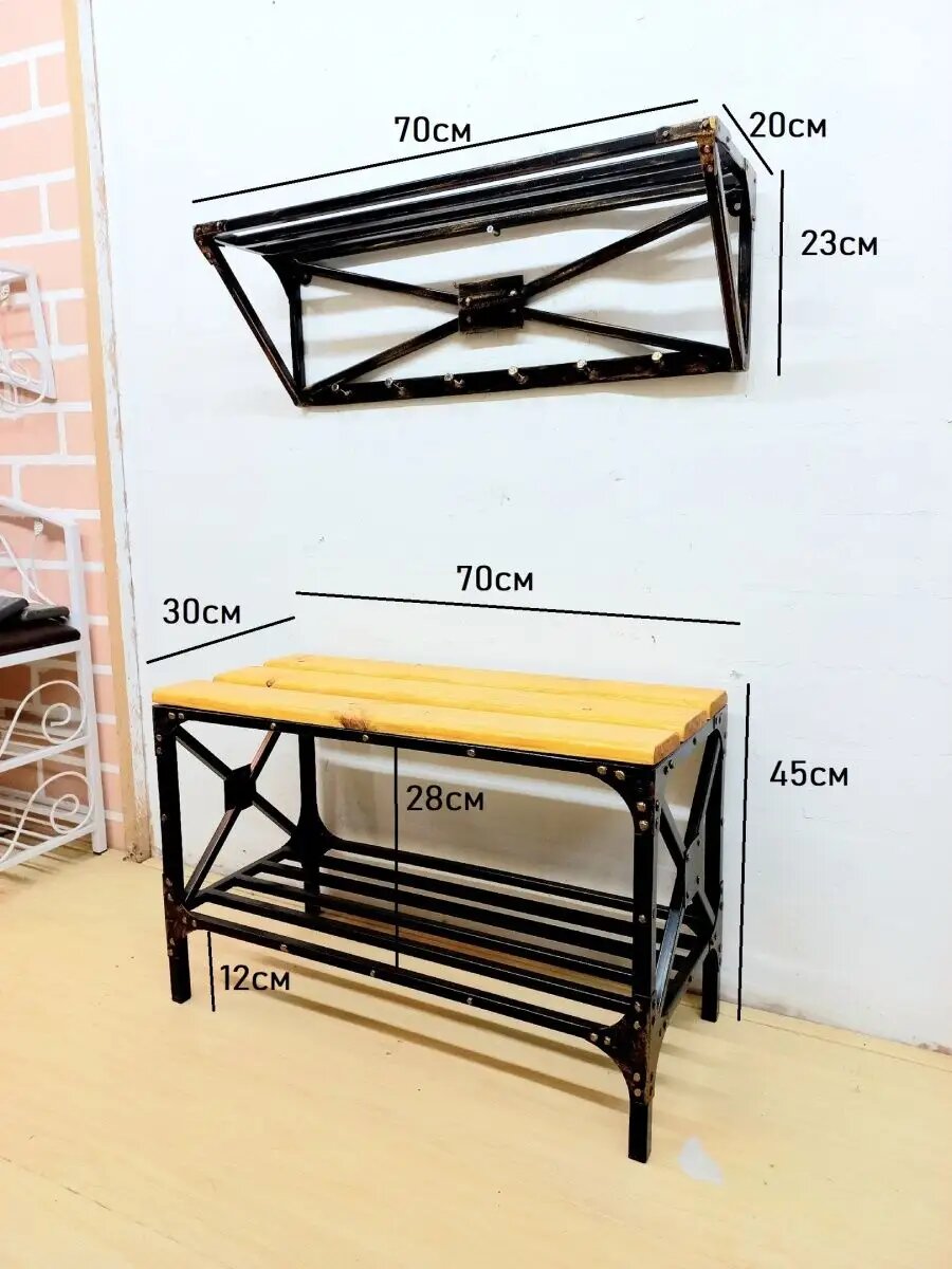 Кованая прихожая, вешалка + банкетка, Студия кованой мебели Нива, цвет сосновый лес