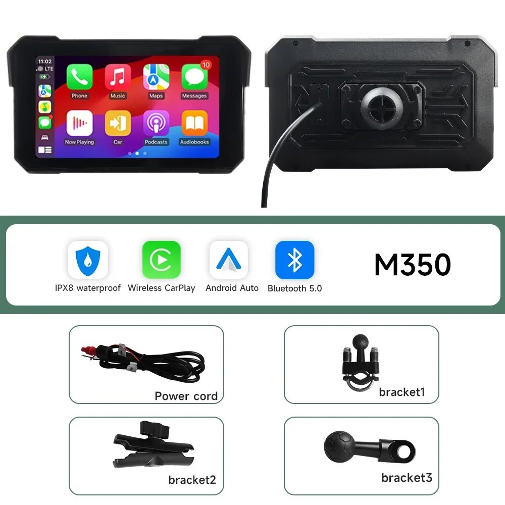 5-дюймовый мотоциклетный мультимедийный плеер, портативный Carplay, навигация, GPS, IPX8, водонепроницаемый, беспроводной, Android, автоматический сенсорный экран, Bluetooth M350