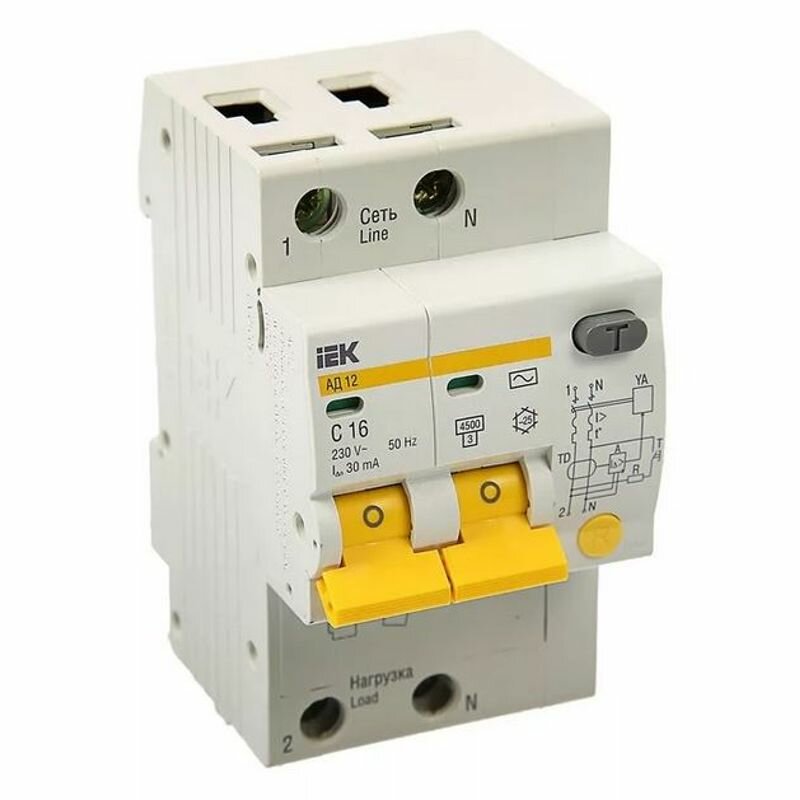 Выключатель автоматический дифференциального тока двухполюсный С 16А 30мА тип AC 4.5кА IEK
