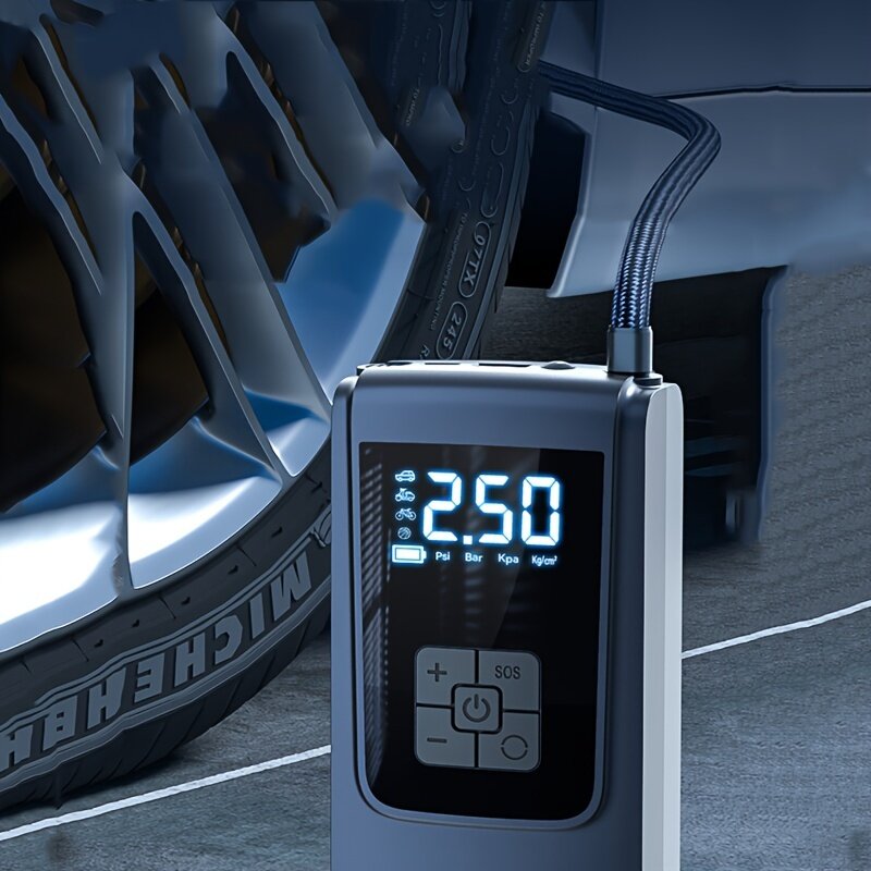 DY&LM Портативный автомобильный компрессор для накачки шин с литиевым аккумулятором 4000 мАч - зарядка через USB Type-C, цифровой дисплей, LED-аварийный свет - беспроводной насос для автомобилей, мотоциклов и велосипедов