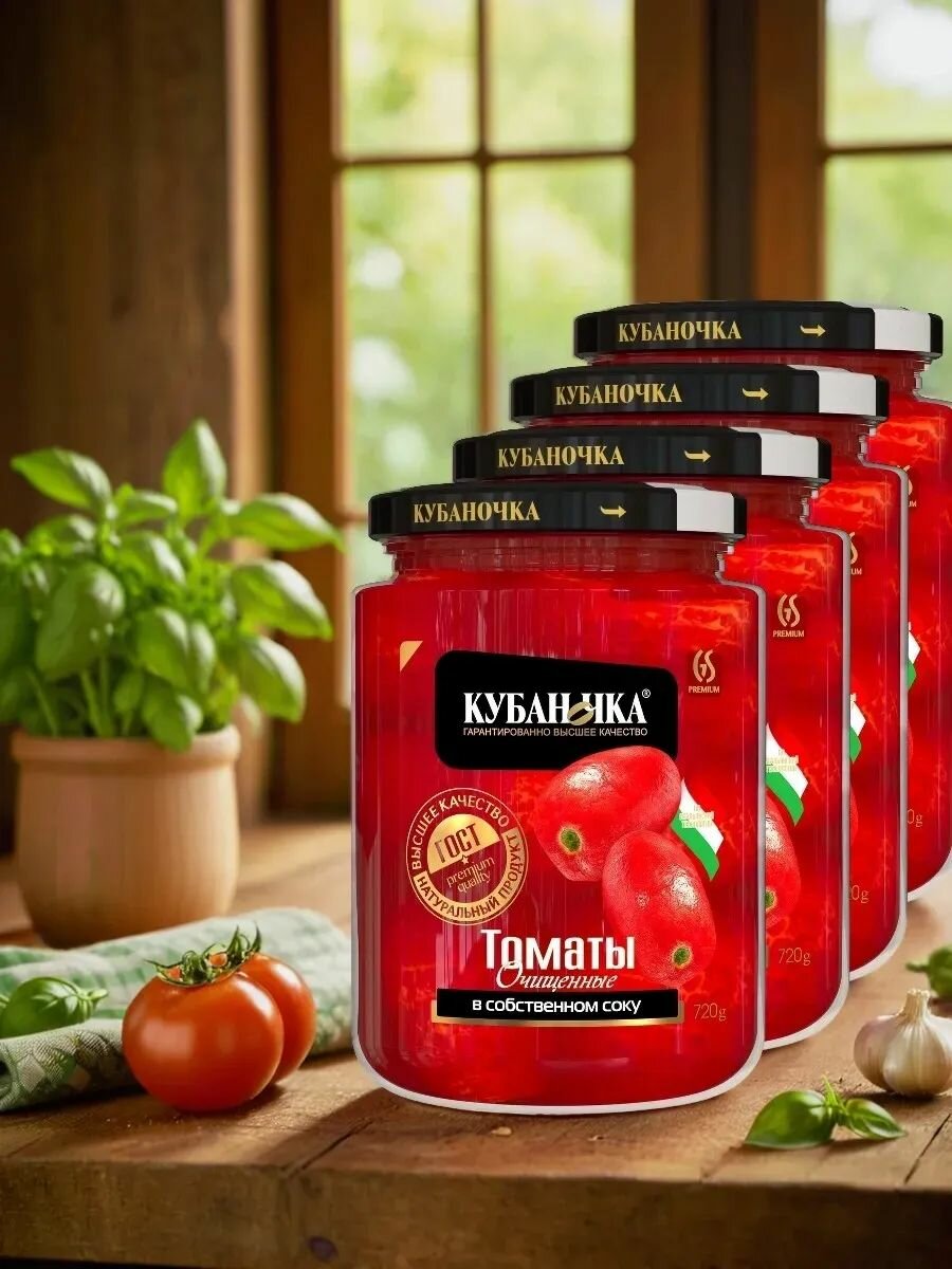 Кубаночка томаты очищенные в томатном соке 720г. (Набор 4шт)
