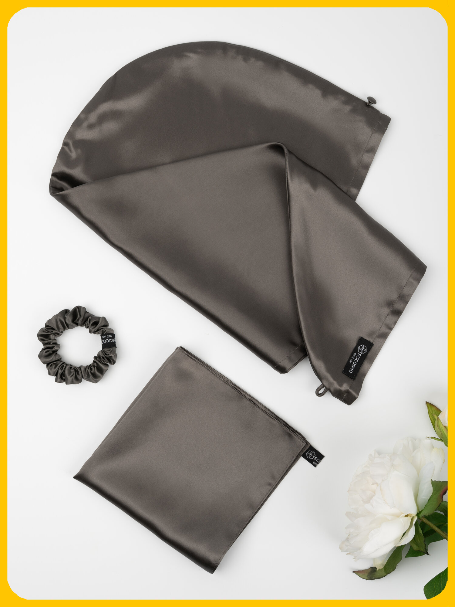 100% натуральный шёлк 22 момми/Набор: полотенце для сушки волос (тюрбан), полотенце для лица, рук, резинка 2 см/графитовый цвет