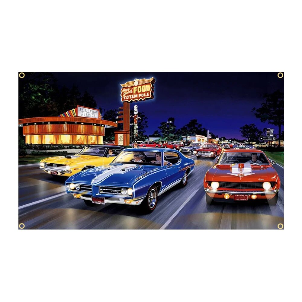 Ретро американский мышечный гоночный автомобиль флаг из полиэстера 120 x 180cm, 4 holes in 4 corners