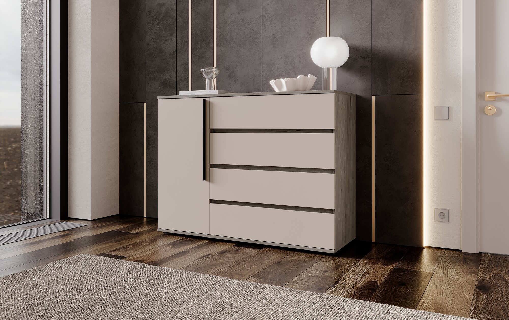 Норд МИФ Комод 1 дверь 4 ящика, 120*90*45м(черные ручки), Кашемир/дуб крафт серый