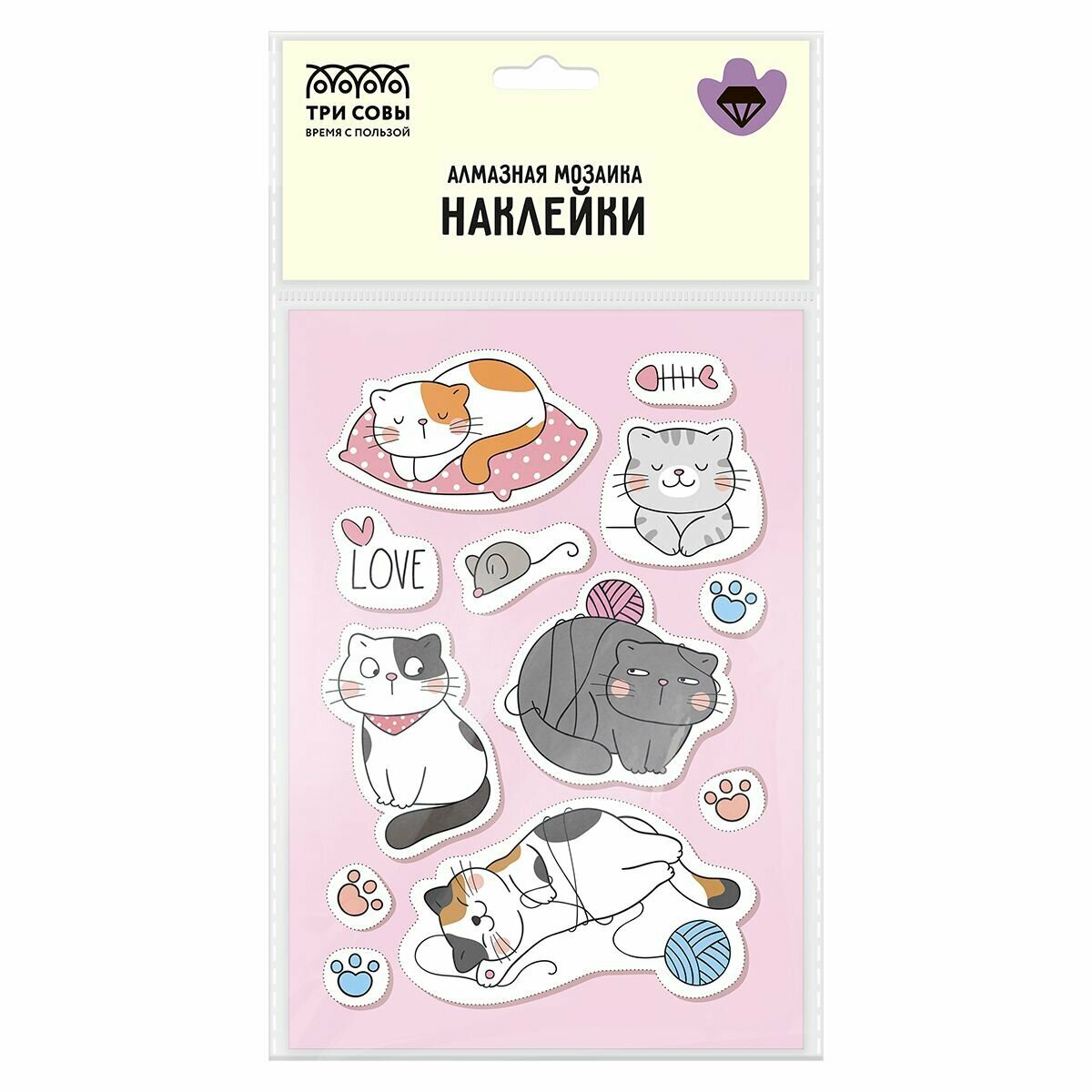 Алмазная мозаика Три Совы, наклейки "Котики", пакет с европодвесом (АМН_65750), 3 уп.