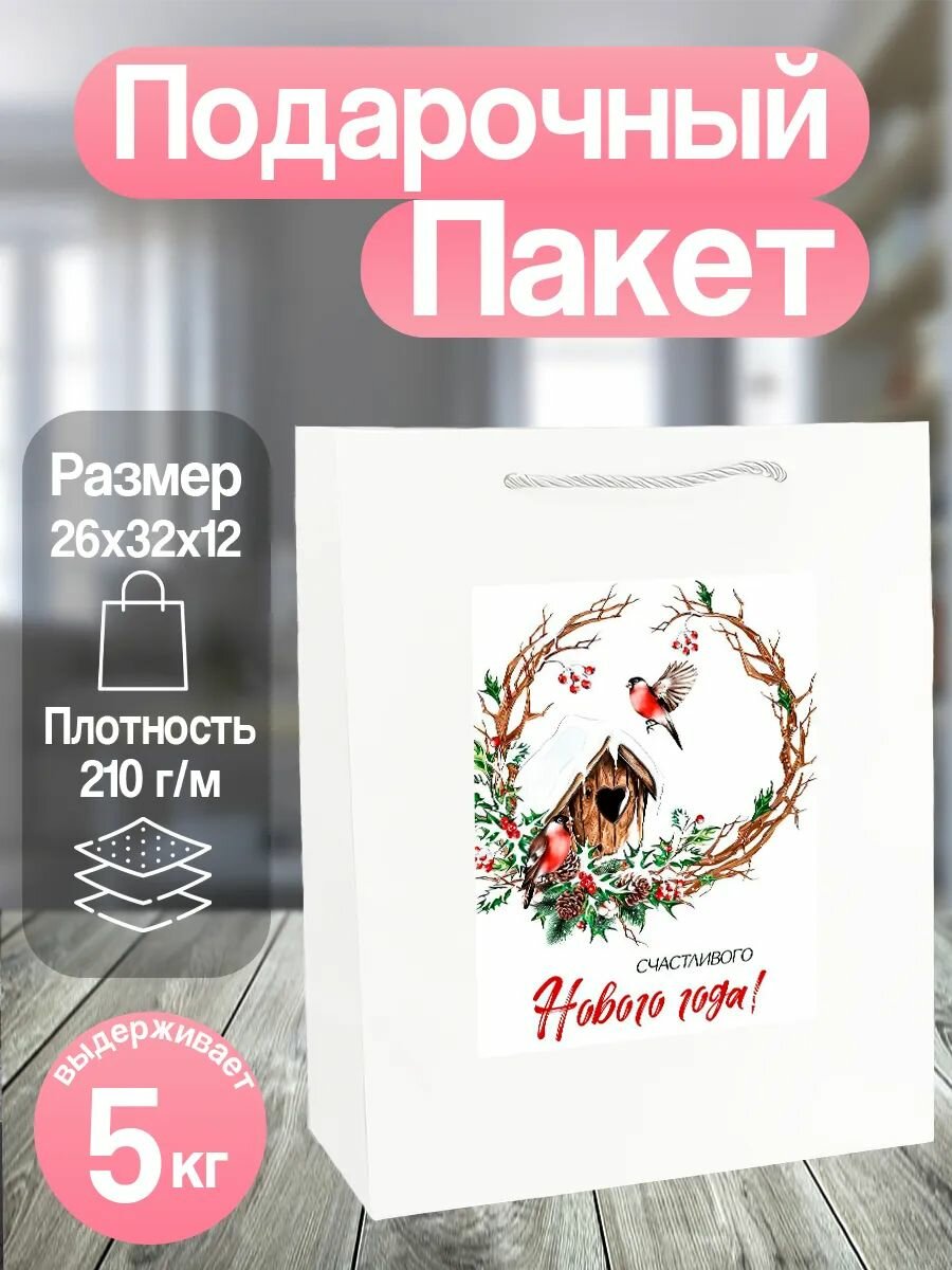 Пакет подарочный большой белый новый год, упаковка для подарка, 26х31 см