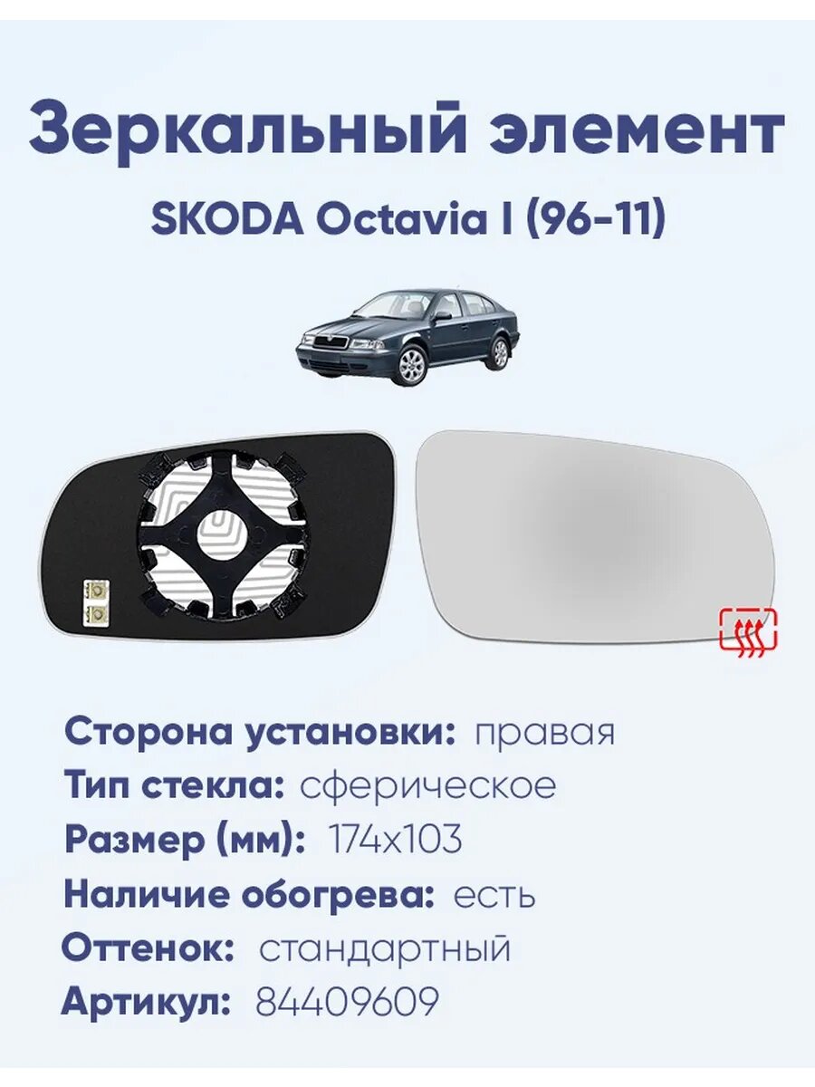 Зеркальный элемент правый SKODA Octavia I (96-11) сфера нейтральный с обогревом