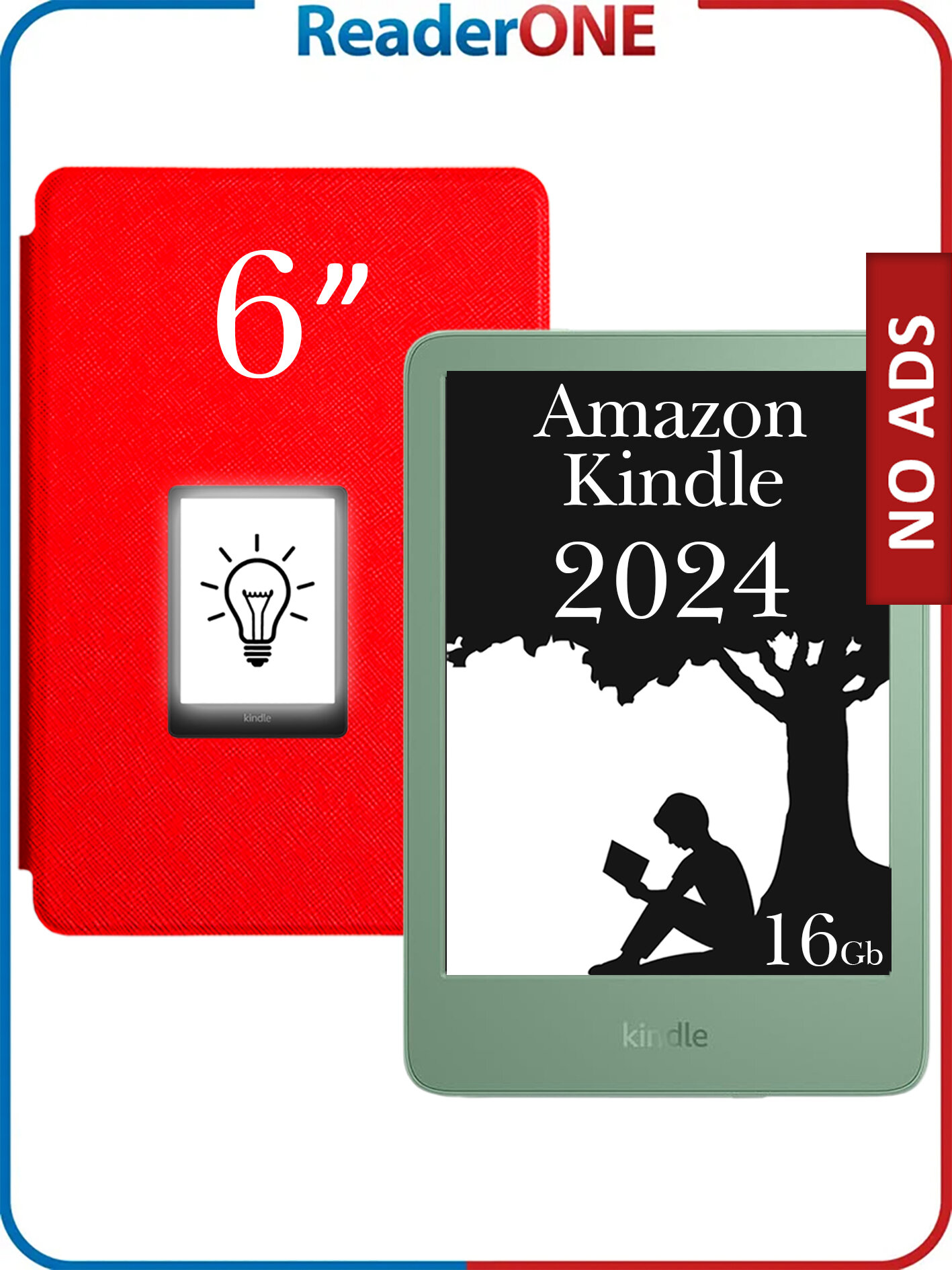 Электронная книга Amazon Kindle 11, 6 дюймов, 2024, 16 Гб, без рекламы, зеленая (Matcha), с обложкой ReaderONE Red