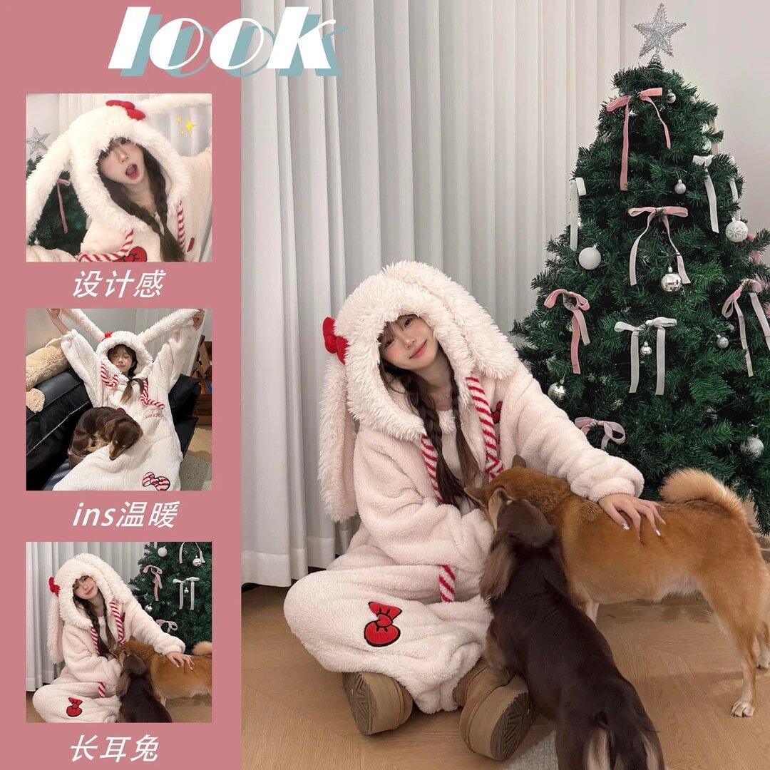 Милая и милая пижама-комбинезон из флиса с бантом и кроликом кораллового цвета для женщин, новый стиль осень/зима 2025, утепленная одежда для дома, размер：XL