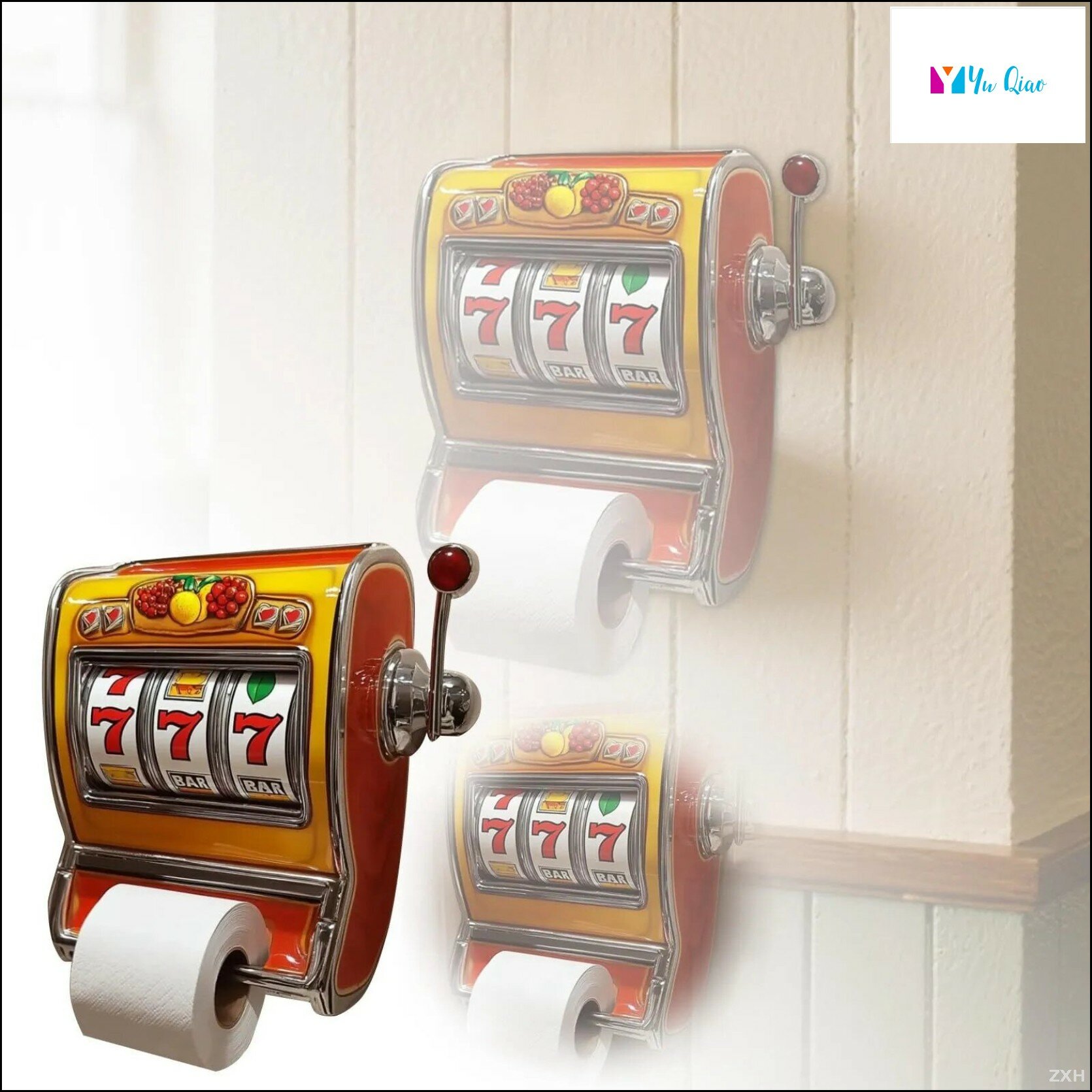 Эксклюзивный декор для ванной представлен акриловой люстрой, держателем и декоративной бумагой с дизайном игрового автомата, модель дроп668289 в оранжевом цвете