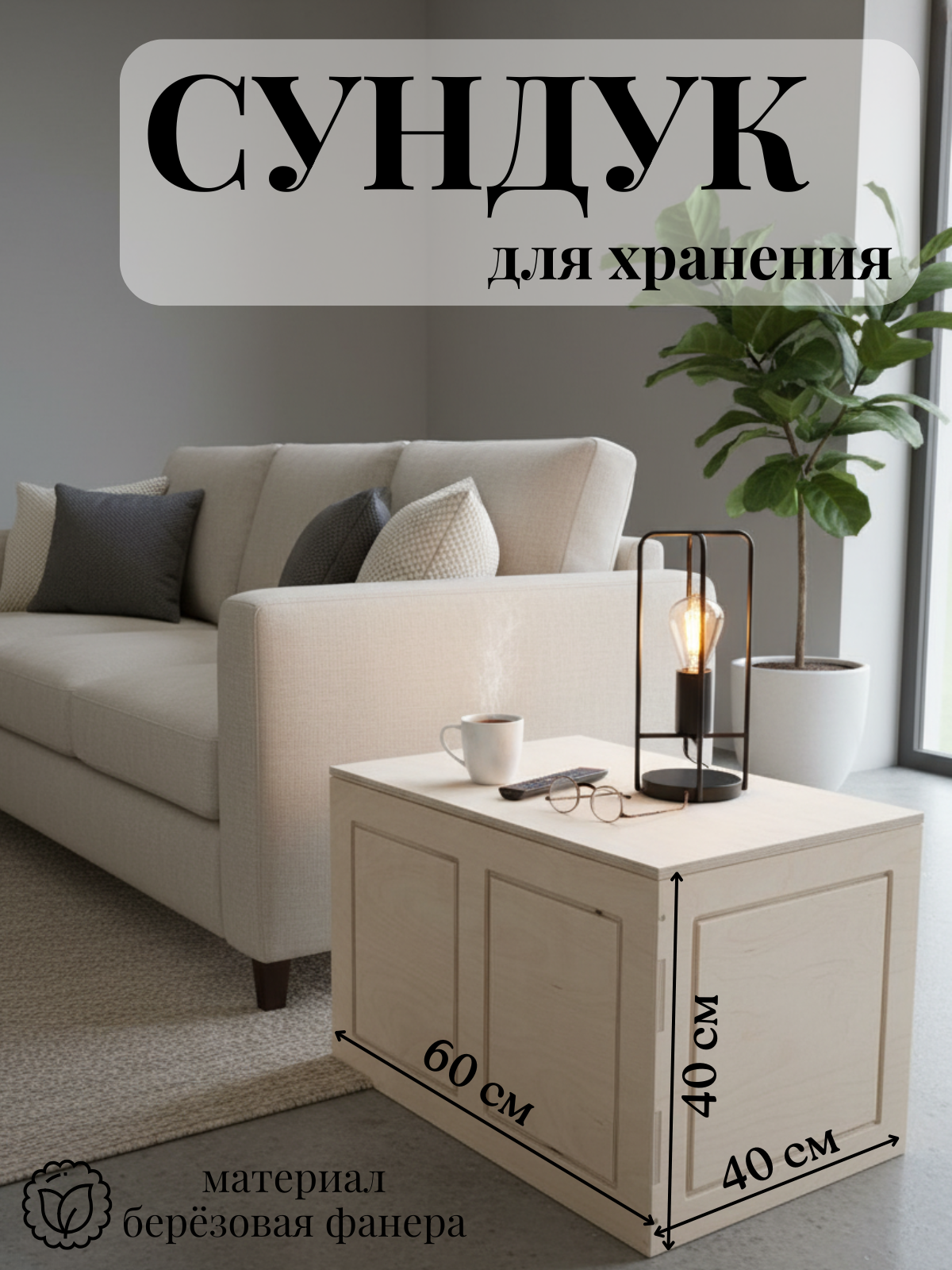 Сундук ящик для хранения вещей 60х40х40см, березовая фанера