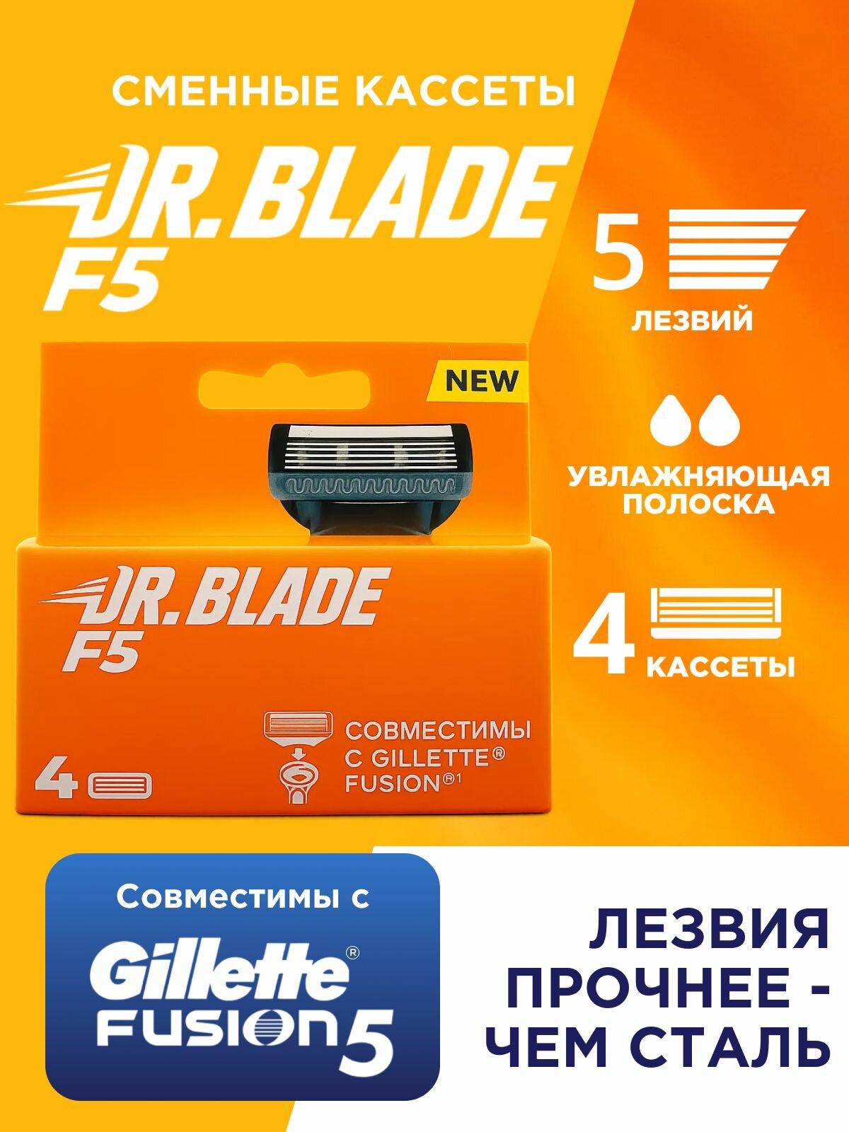 Сменные кассеты Dr.Blade F5 для мужской бритвы совместимы с популярными бритвами, 5 лезвий, 4 шт. - 1 уп