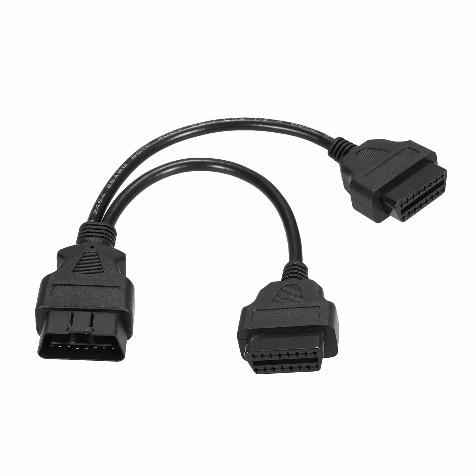 Кабель-сплиттер OBDII 16pin мужской на два женских разъема, совместимый со всеми автомобилями OBDII, длина 30cm, J1962, 16 Pin-to-Pin, вес упаковки 192g, размер упаковки 23*16*3cm