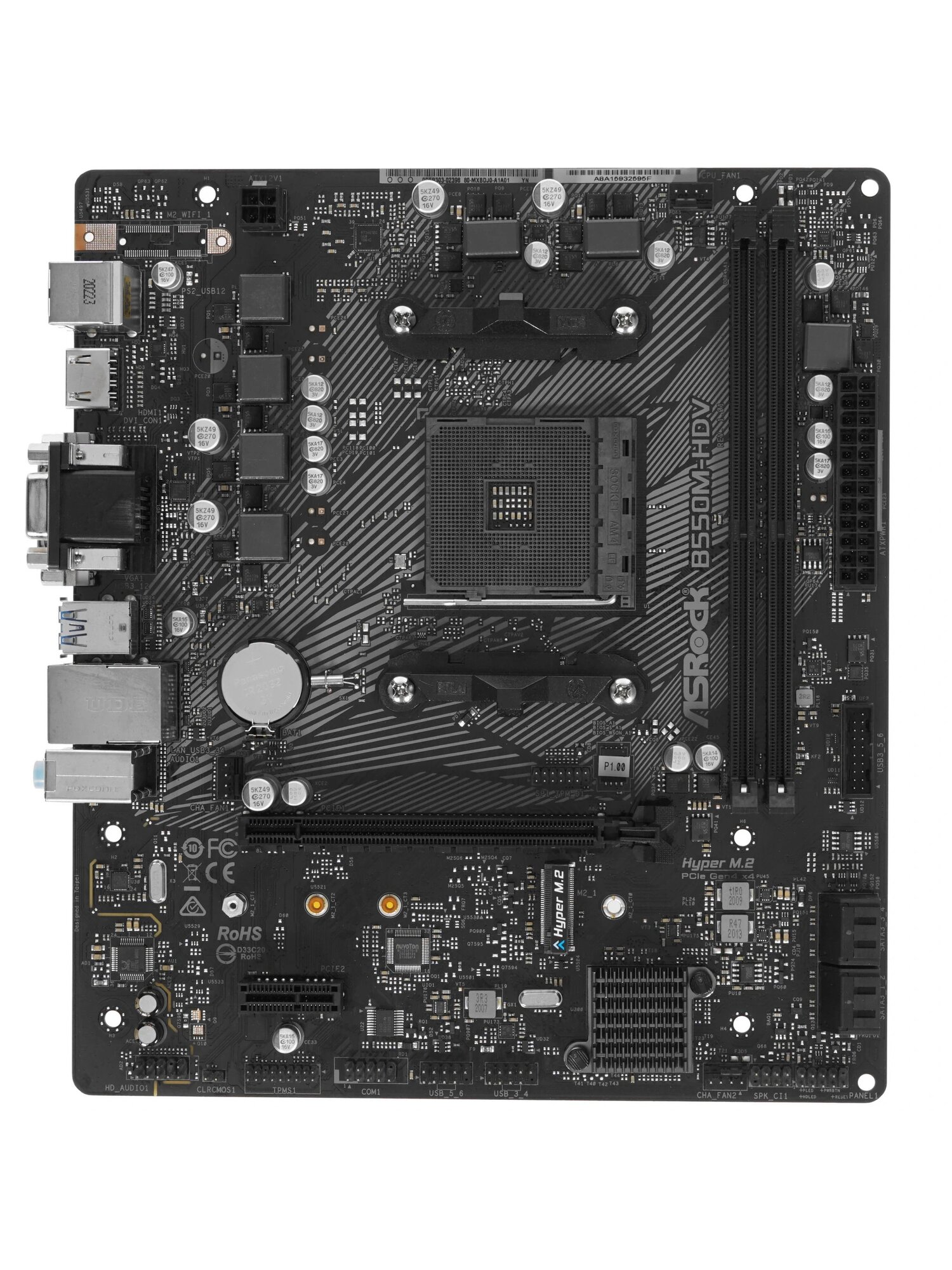 Материнская плата ASRock "B550M-HDV", 2 слота для памяти DDR4, 4 слота SATA 6Gb/s, микро-ATX