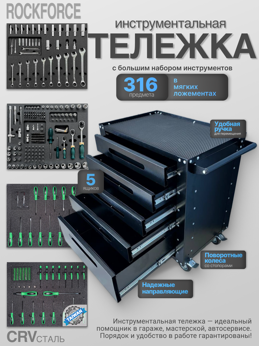 Тележка инструментальная c набором инструментов Rock Force 316 предметов в Мягких ложементах