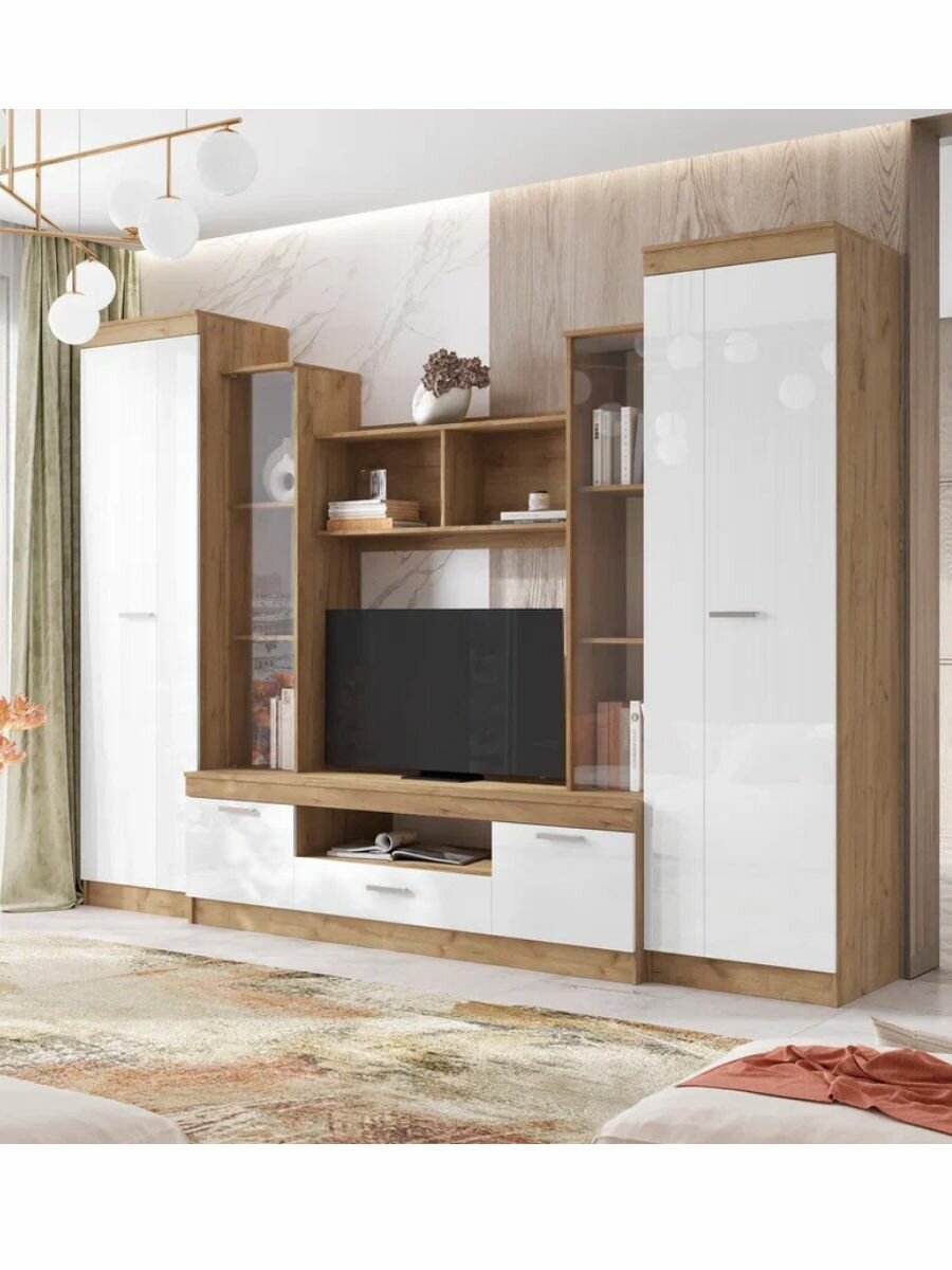 Гостиная Атлантида 6 ЛДСП 3000х2216х594, Дуб Крафт/Белый глянец, МИФ