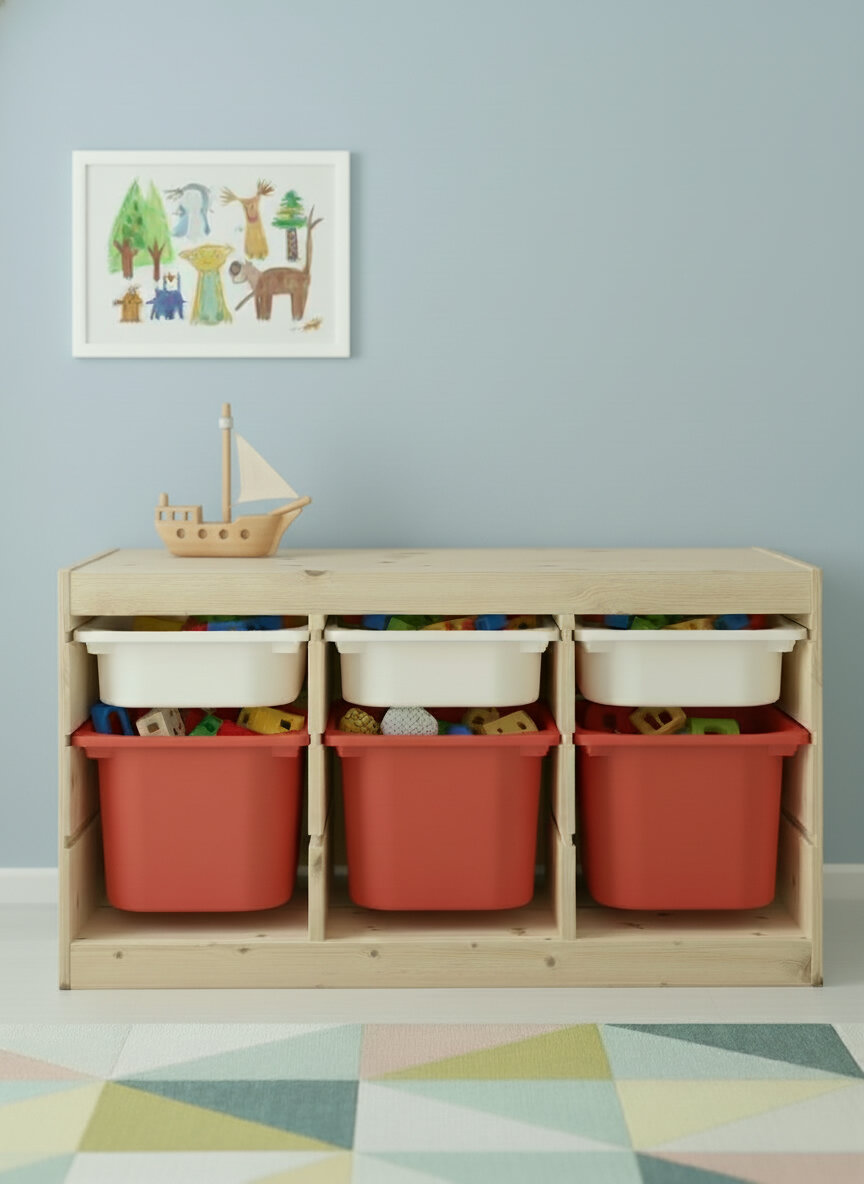 Стеллаж Труфаст горизонтальный с контейнерами, белый/красный