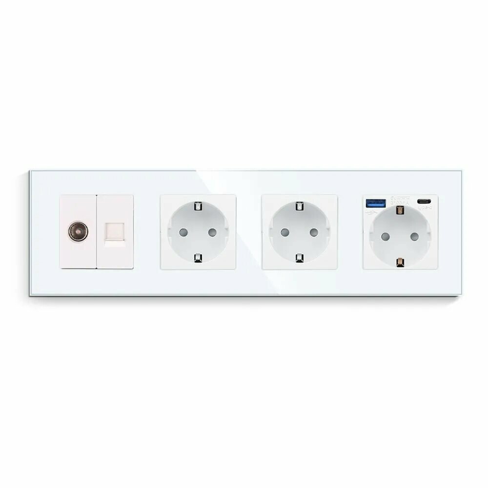 Розетка четверная с RJ45 розетки и usb и type c, с заземлением белое стеклянная