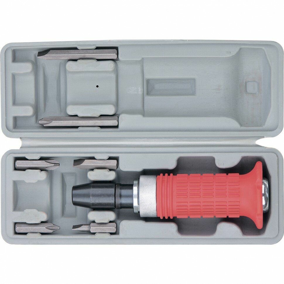 Отвертка MATRIX ударно-поворотная 1-2, набор бит, 6 шт обрезиненная ручка, пластиковый бокс (11579)