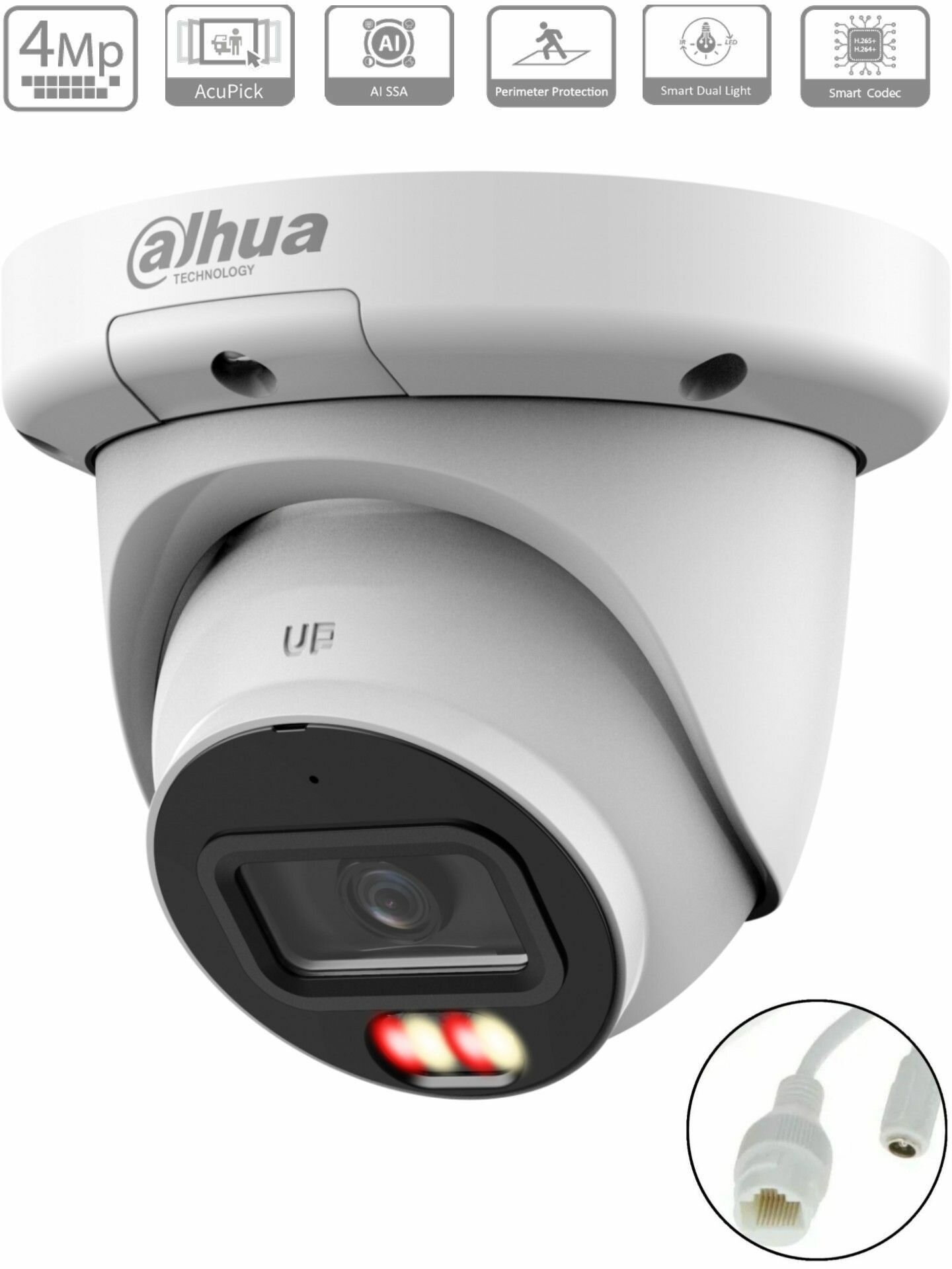 Dahua DH-IPC-HDW3449QMP-S-IL-0280B 4Мп 2,8 мм камера видеонаблюдения IP внутренняя и уличная, цифровая купольная IP-видеокамера для улицы и помещений Full color ИК/LED подсветка