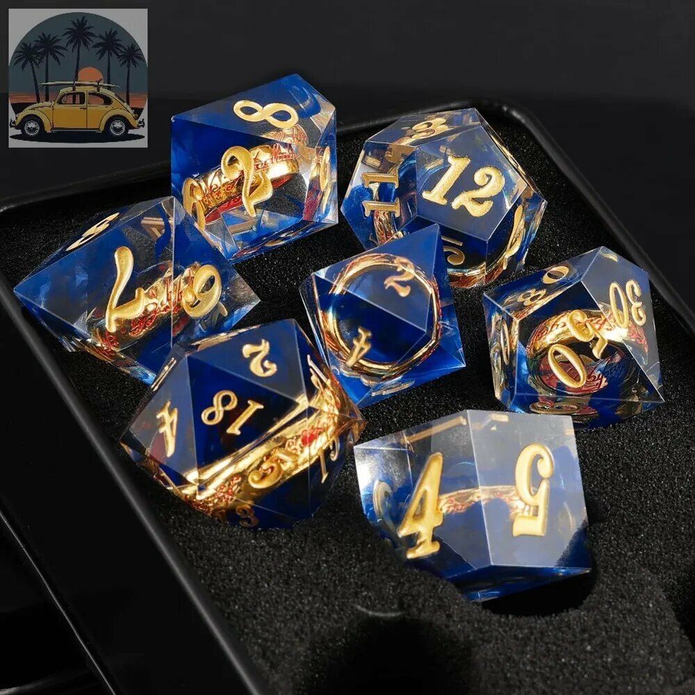 Кубики ДнД с кольцом: Синие дайсы для Dungeons & Dragons, набор из 7 кубиков для DnD, кости игральные из смолы с острыми гранями