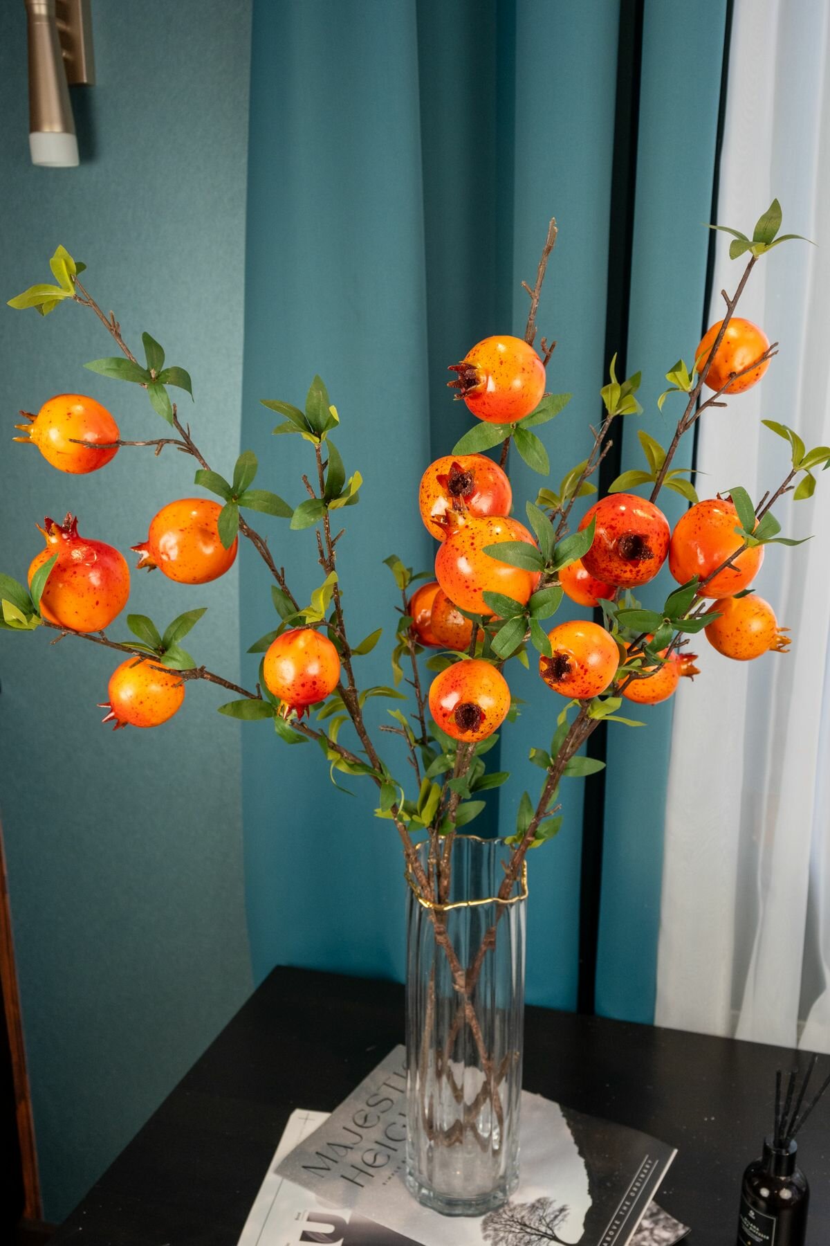 Искусственные цветы премиум новогодние Гранат искусственный куст для декора и интерьера 3 ветки 80 см