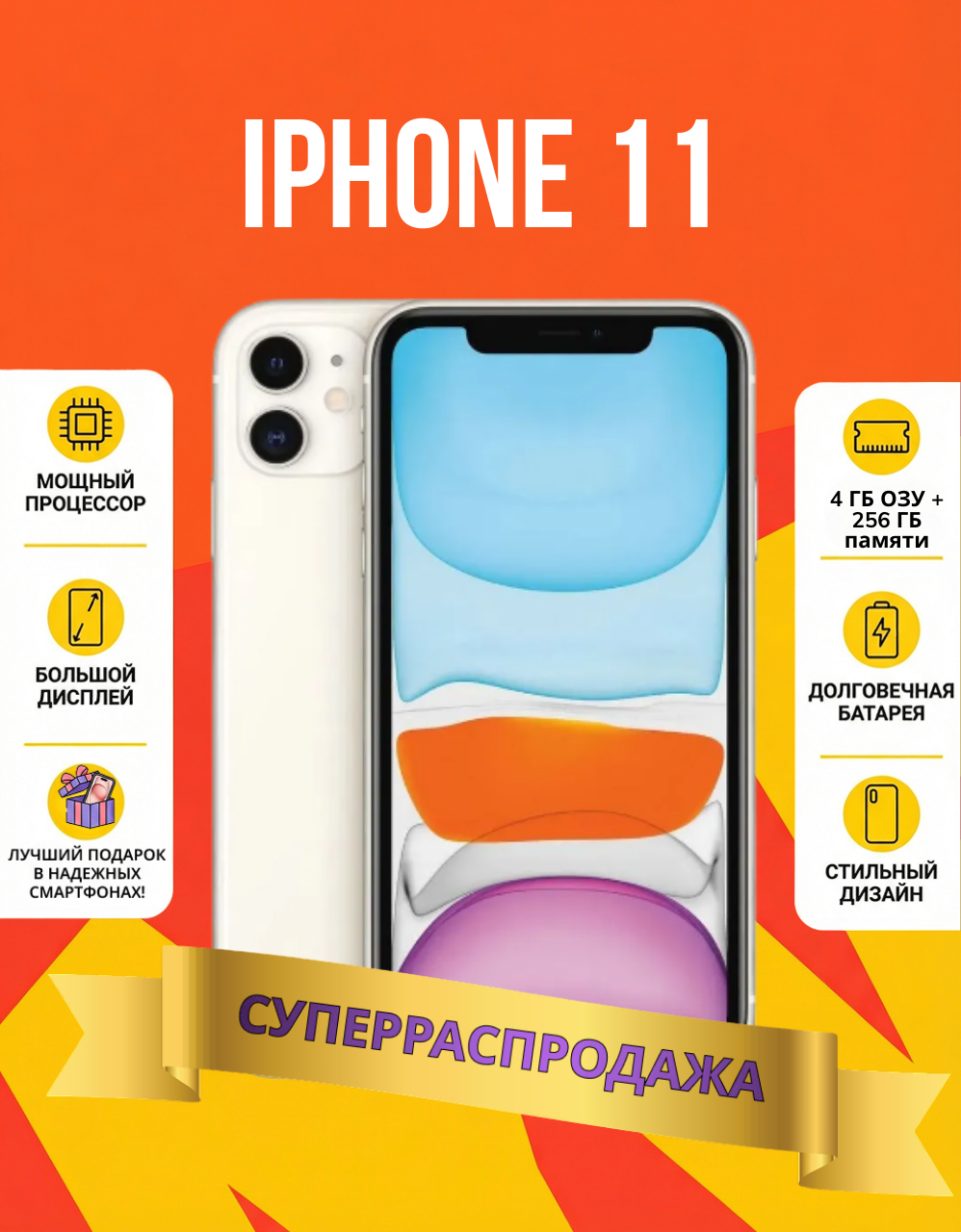 Смартфон Apple iPhone 11 256 ГБ, NFC, экран 6.1, белый, nano SIM