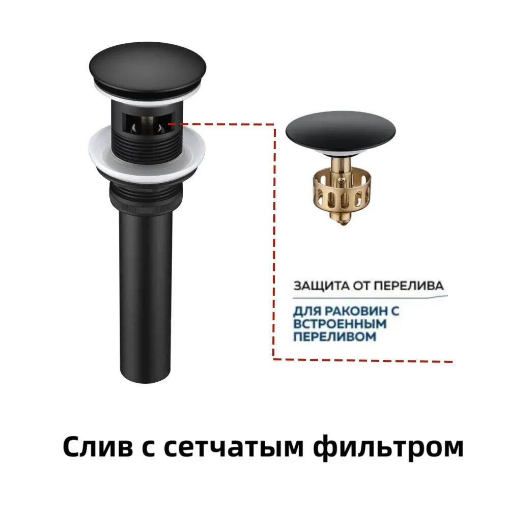 Донный клапан для раковины с переливом Robern, для ванной с системой Клик-Кляк, Матовый черный, выпуск для умывальника, сеткой быстрой очисткой, латунь