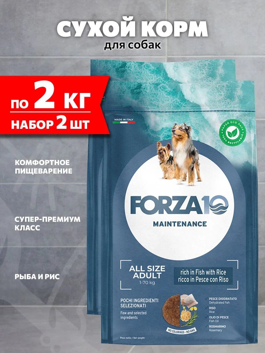 Корм сухой Forza10 Dog Maintenance Adult All Size для взрослых собак всех пород с рыбой и рисом, 2 кг х 2 шт