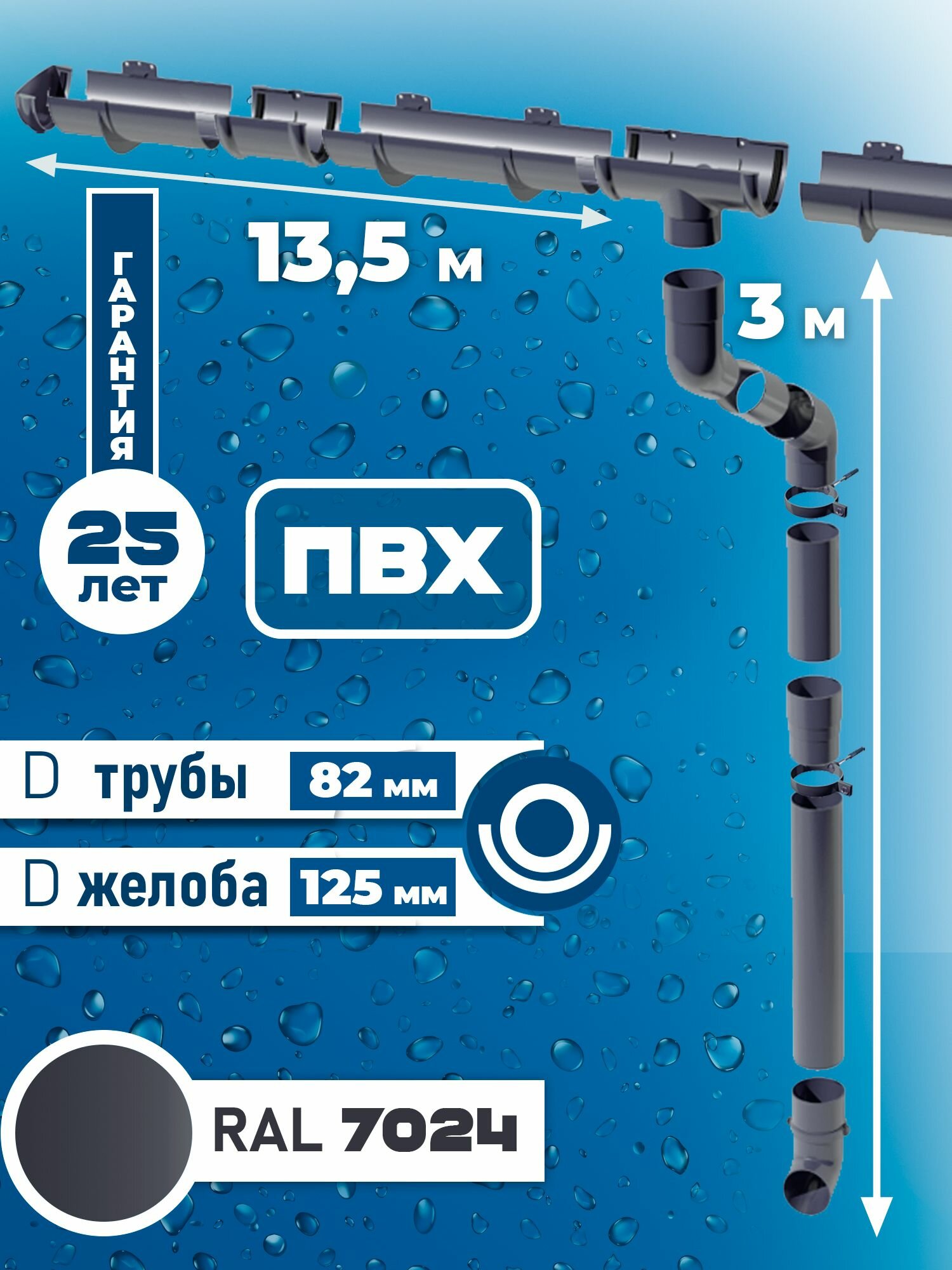 Водосточная система вегапласт (125мм / 82 мм) 13,5 м серый (варианты: 9м+4,5м или 7,5м+6м) водосток для крыши пластиковый Vegastok Vegaplast (RAL 7024 графитовый) комплект ПВХ