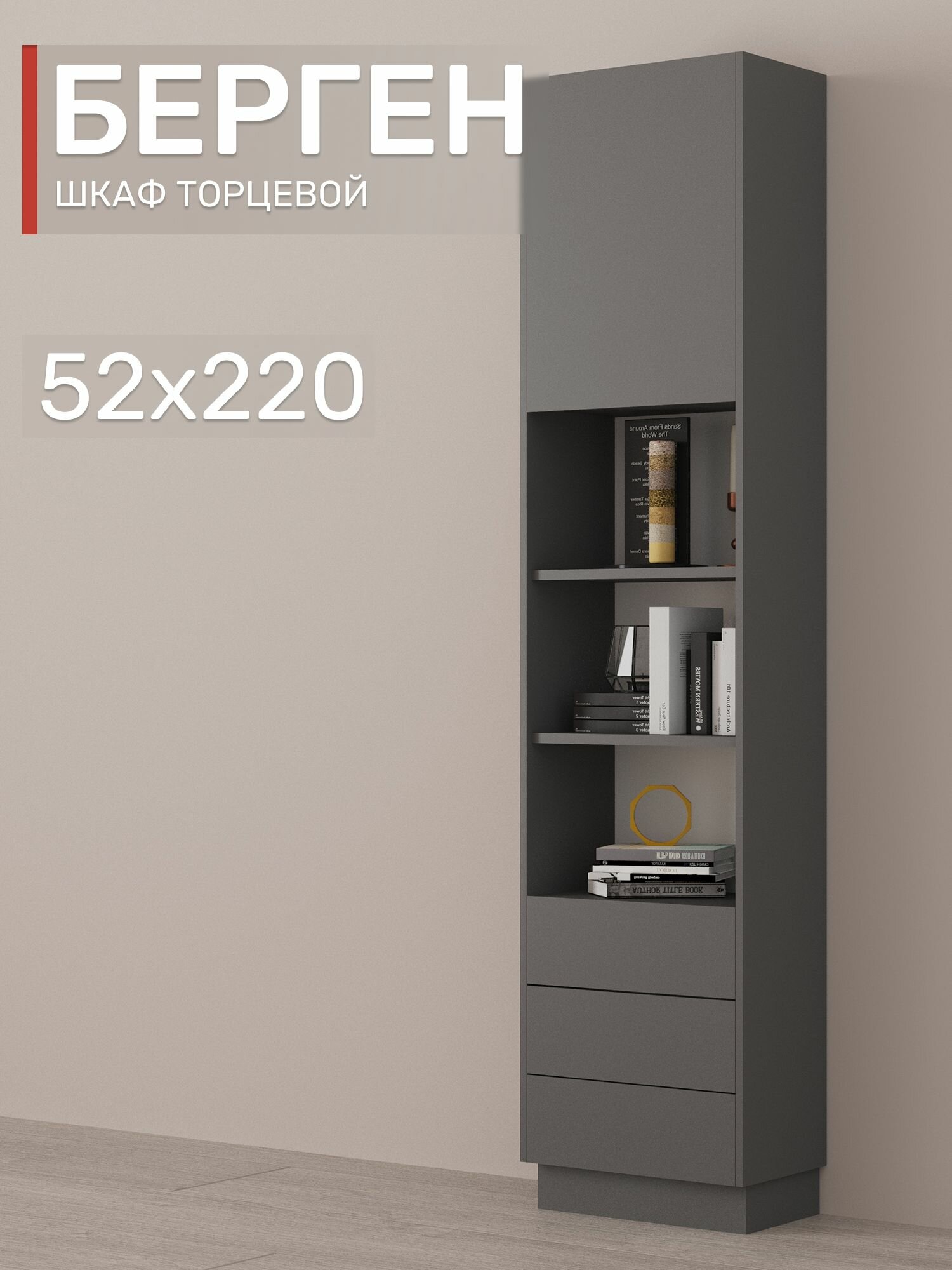 Шкаф пенал торцевой Берген ПТ3Я-300, 52х220х30 см, Графит