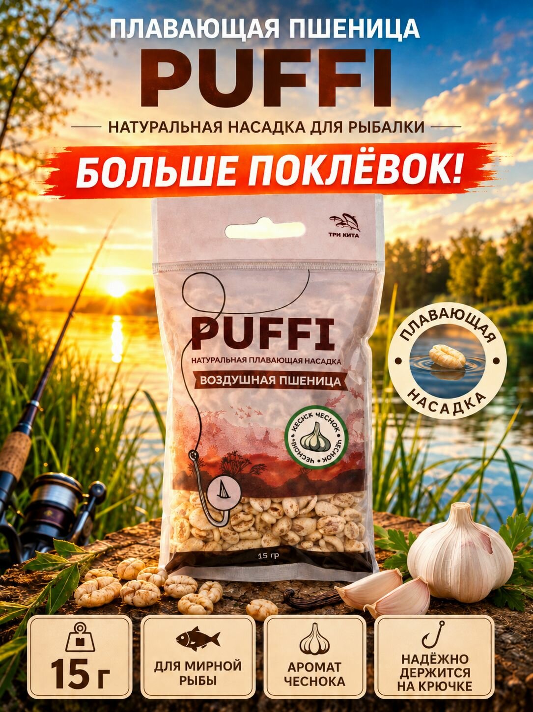 Насадка для рыбалки PUFFI воздушная пшеница 15 г, Чеснок, для мирной рыбы, карпа и карася