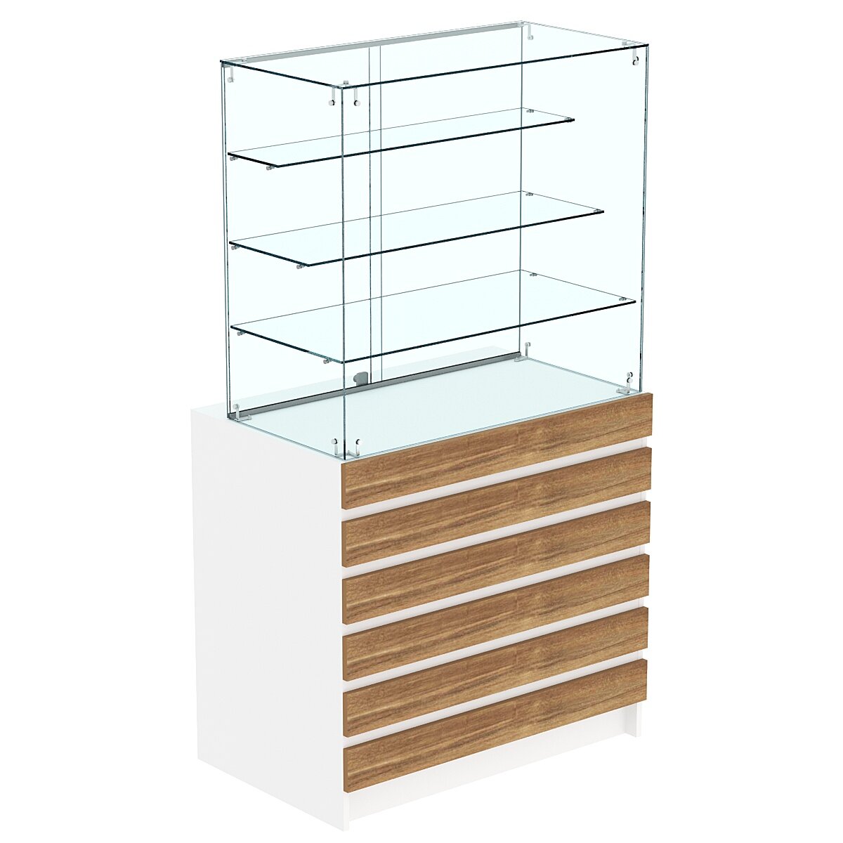 Торговый прилавок с тремя полками лесенкой и фасадными панелями №1Э-03, Белый + Дуб Канзас коричневый