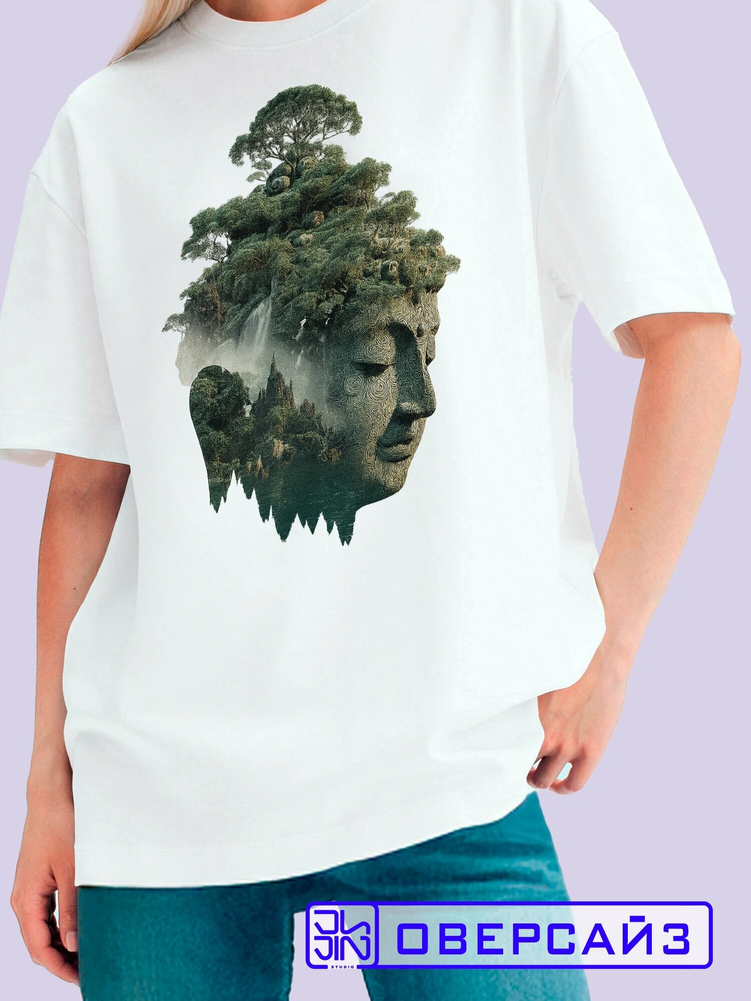 Футболка оверсайз женская с принтом Будда в темно-зеленом лесу с таинственным водопадом и этническим смыслом, белый хлопковый трикотаж с прикольным рисунком на груди
