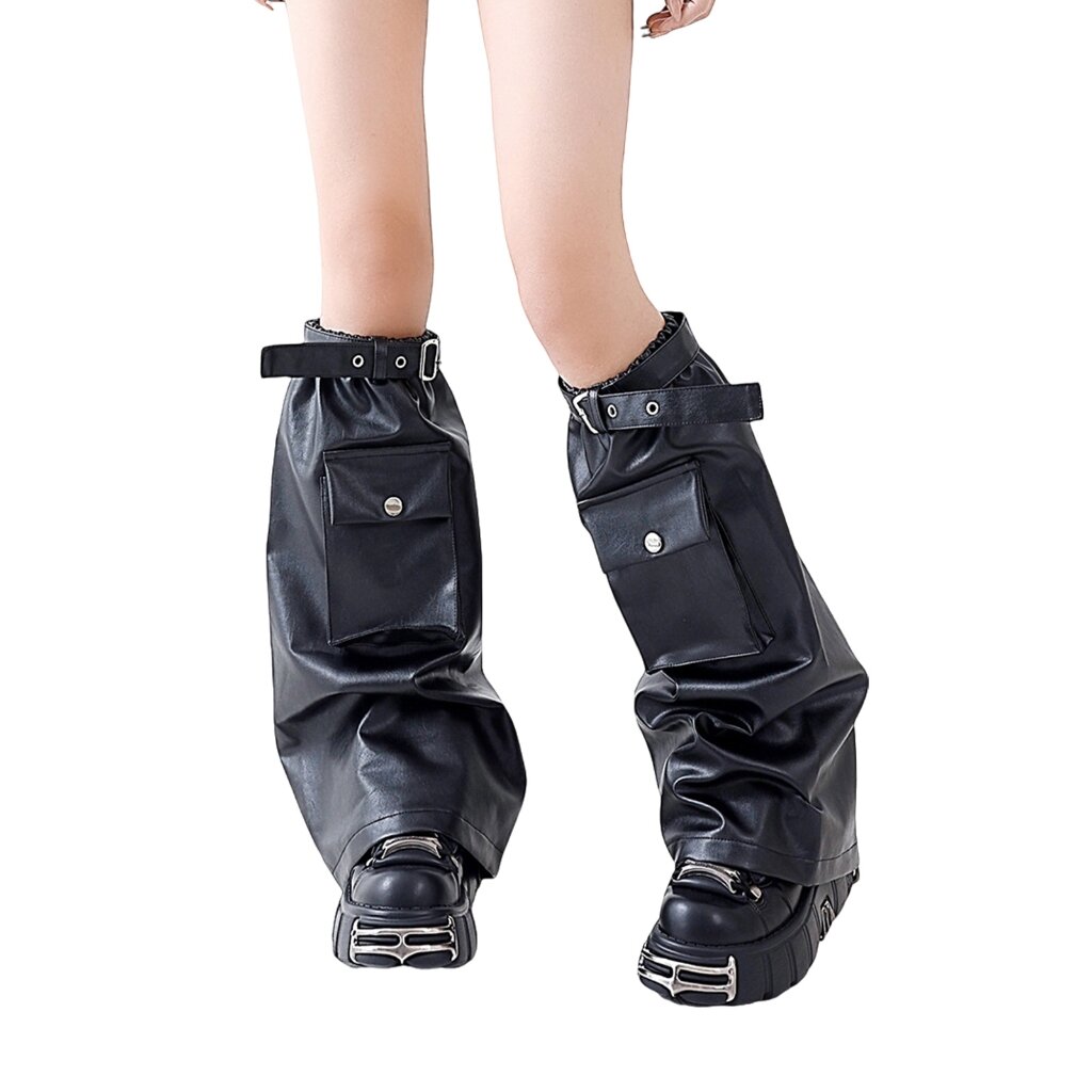 Женские черные расклешенные чехлы для ног в стиле панк с карманом и клапаном Harajuku, гетры из искусственной кожи, носки до колена, уличная одежда