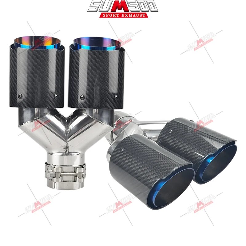 1 шт, двойной углеродное волокно + нержавеющая сталь, обожженный синий, универсальный автомобильный выхлопной наконечник, двойной конец трубы для BMW BENZ VW Golf Audi, left in60-out89mm