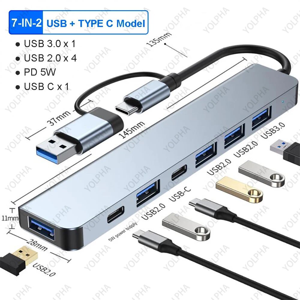 USB-хаб YOLPHA 7-IN-2 USB+Type-C