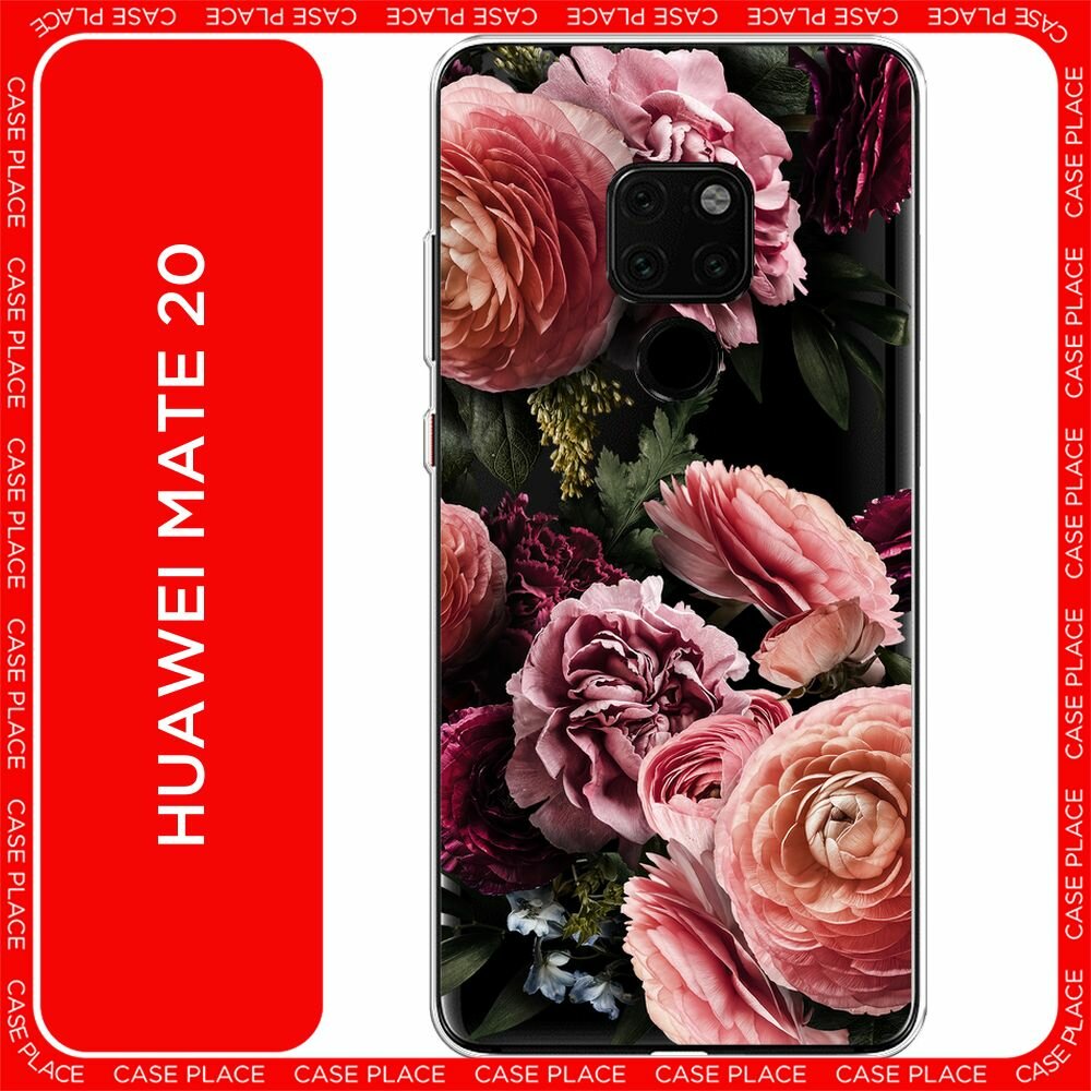 Чехол на Huawei Mate 20 / Хуавей Мате 20 с принтом "Бордовые винтажные цветы", прозрачный
