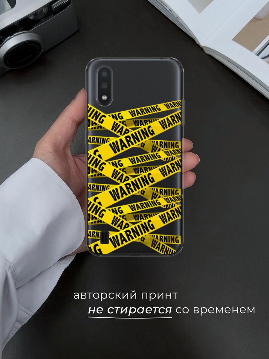 Чехол на Samsung Galaxy A01 / Самсунг Гэлакси А01 с принтом "Warning!", прозрачный — фото 1