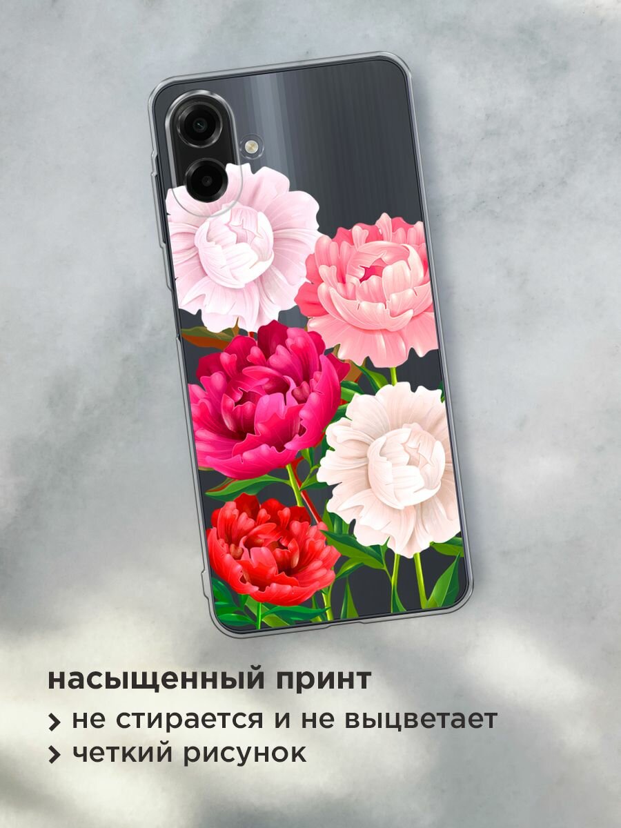 Чехол на Samsung Galaxy A07 / Самсунг А07 с принтом "Большие пионы", прозрачный — фото 1