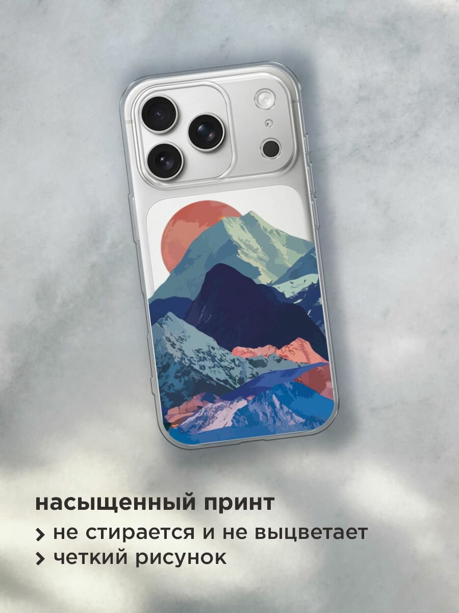 Чехол на Apple iPhone 17 Pro / Айфон 17 Про с принтом "Закат в снежных горах", прозрачный — фото 1