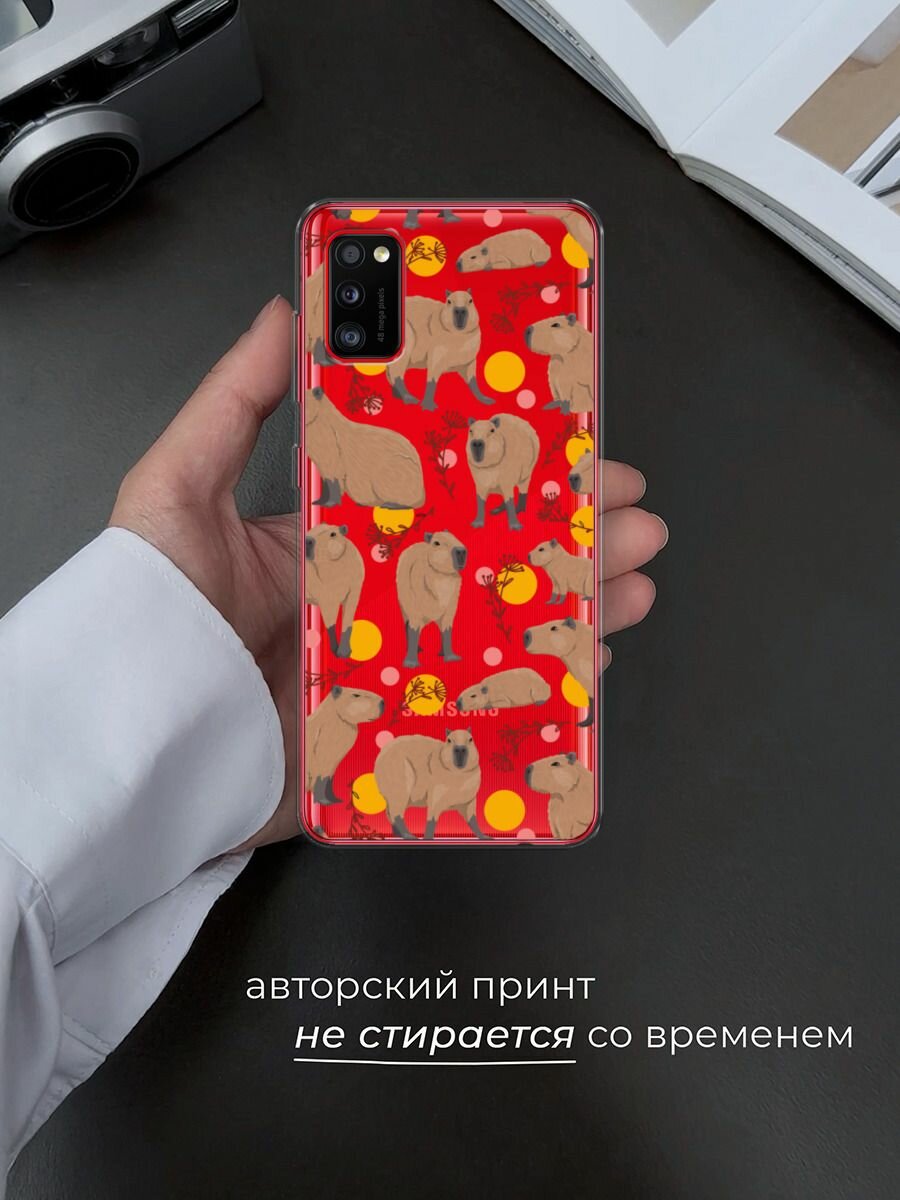 Чехол на Samsung Galaxy A41 / Самсунг Галакси А41 с принтом "Капибара паттерн", прозрачный — фото 1