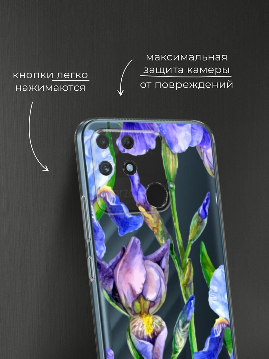 Чехол на Realme Narzo 50A / Реалми Нарзо 50A с принтом "Синие ирисы", прозрачный — фото 1