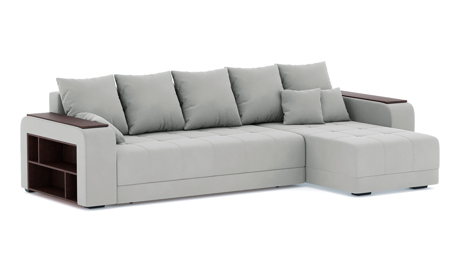 Угловой диван кровать Дубай, угол универсальный, полки в подлокотнике, велюр Макс Лайт Грей 17