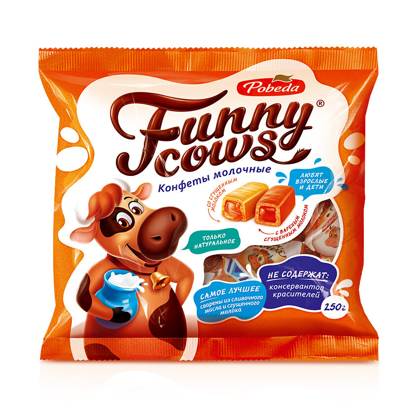 Конфеты Победа вкуса молочные "Funny cows" со сгущенным молоком (2 вида), 250г