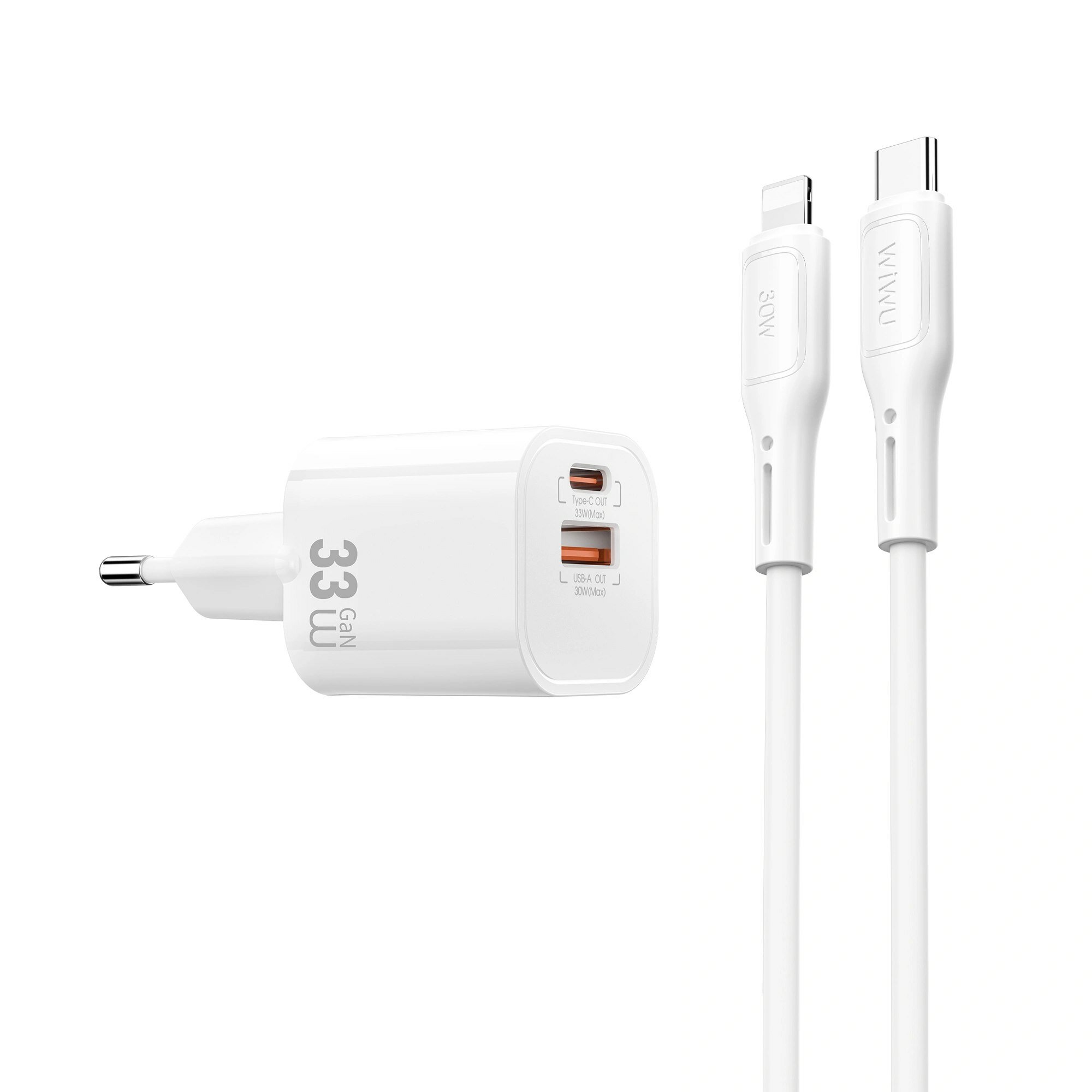 Зарядное устройство WiWU Cube 33Вт GaN с портами USB A+C в комплекте кабель USB-C/Lightning (Wi-G018)